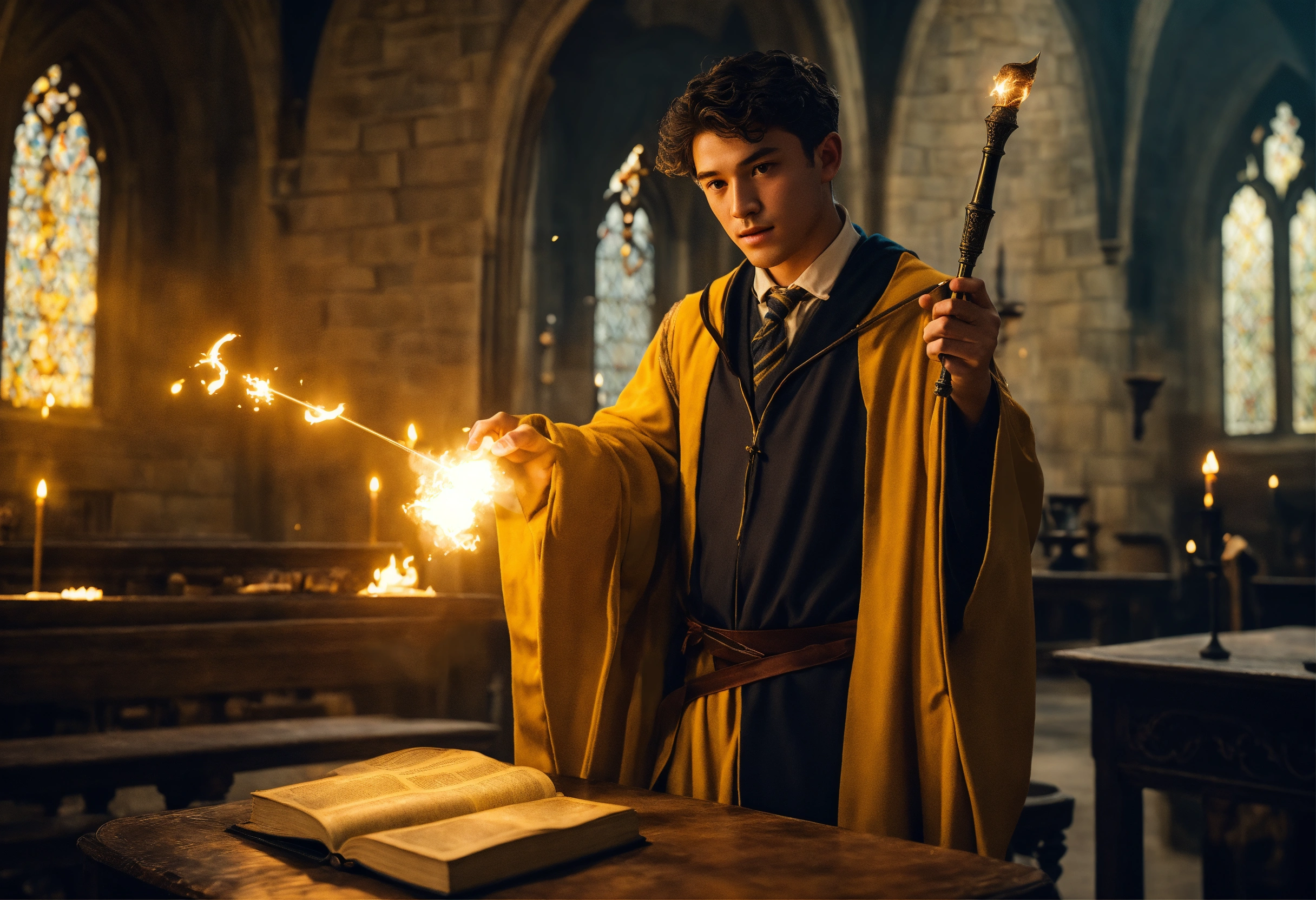 Lexica - Man young wizard, inside Hogwarts with a Magic wand, 2023 year ...