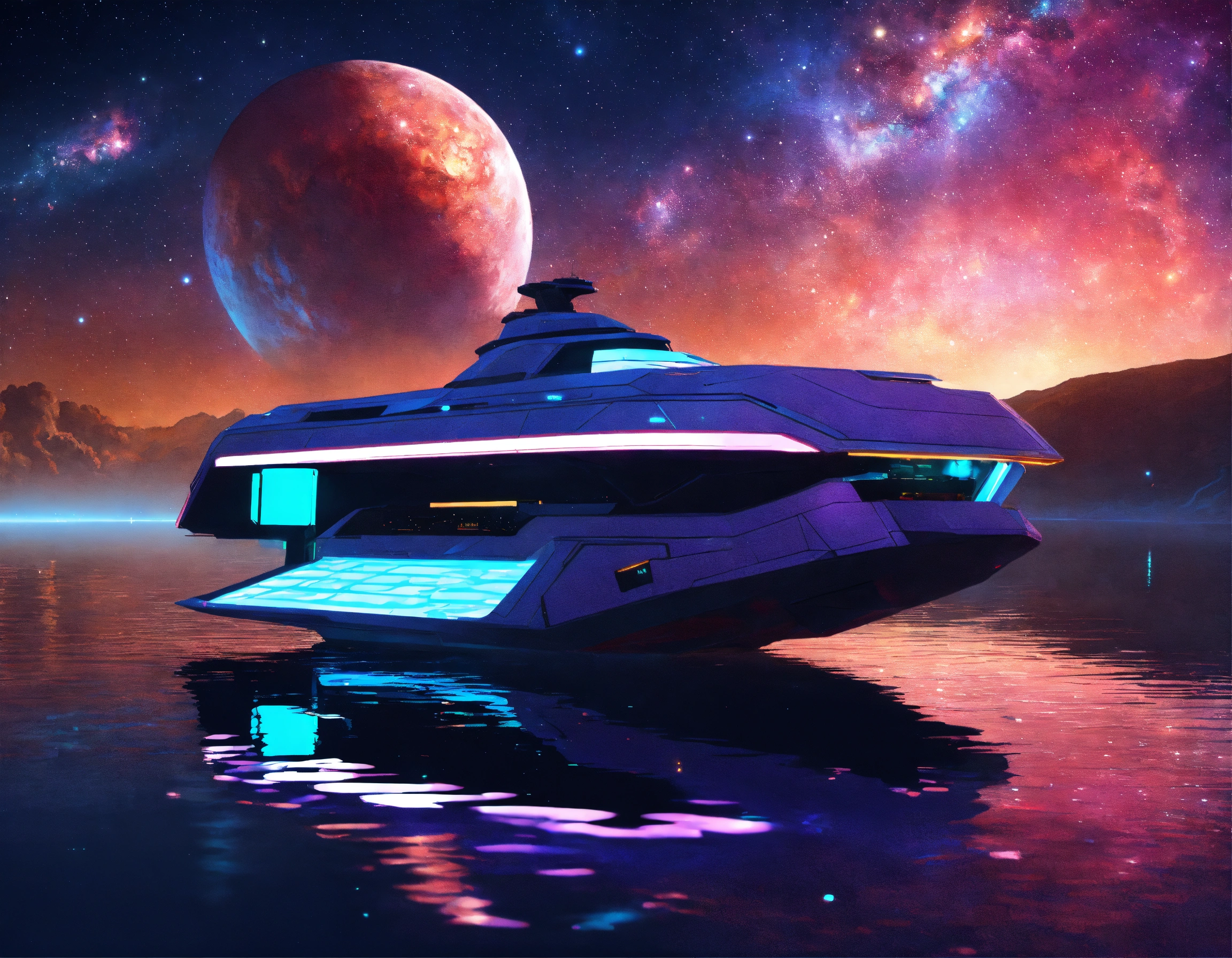 Lexica - Futuristic space yacht docked at the outdoor star docks near a ...