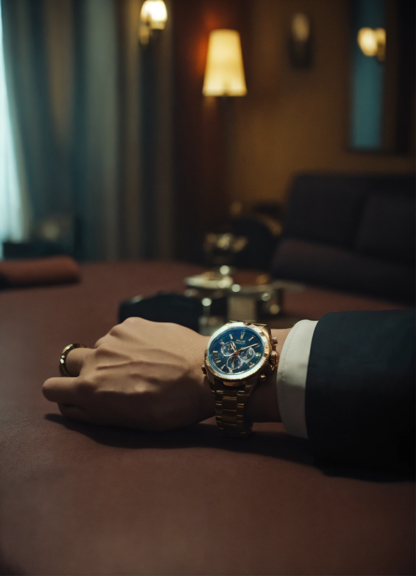 Lexica - Zoom in on handcuffed hands (expensive watch), hotel room in ...