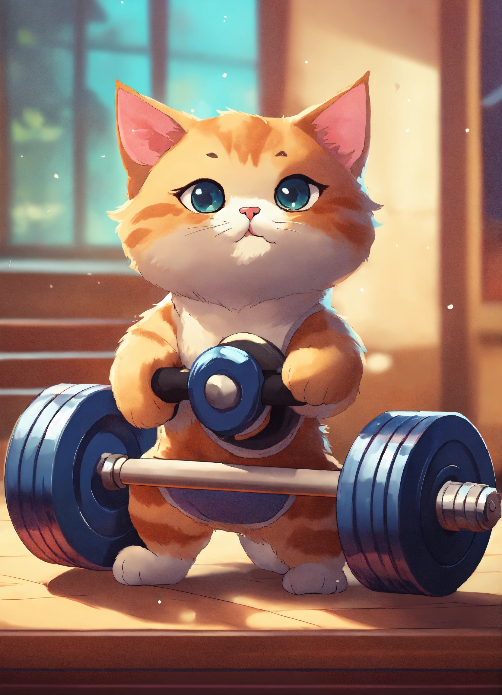 Lexica - Cute cat working out lifting weights in gym galaxy