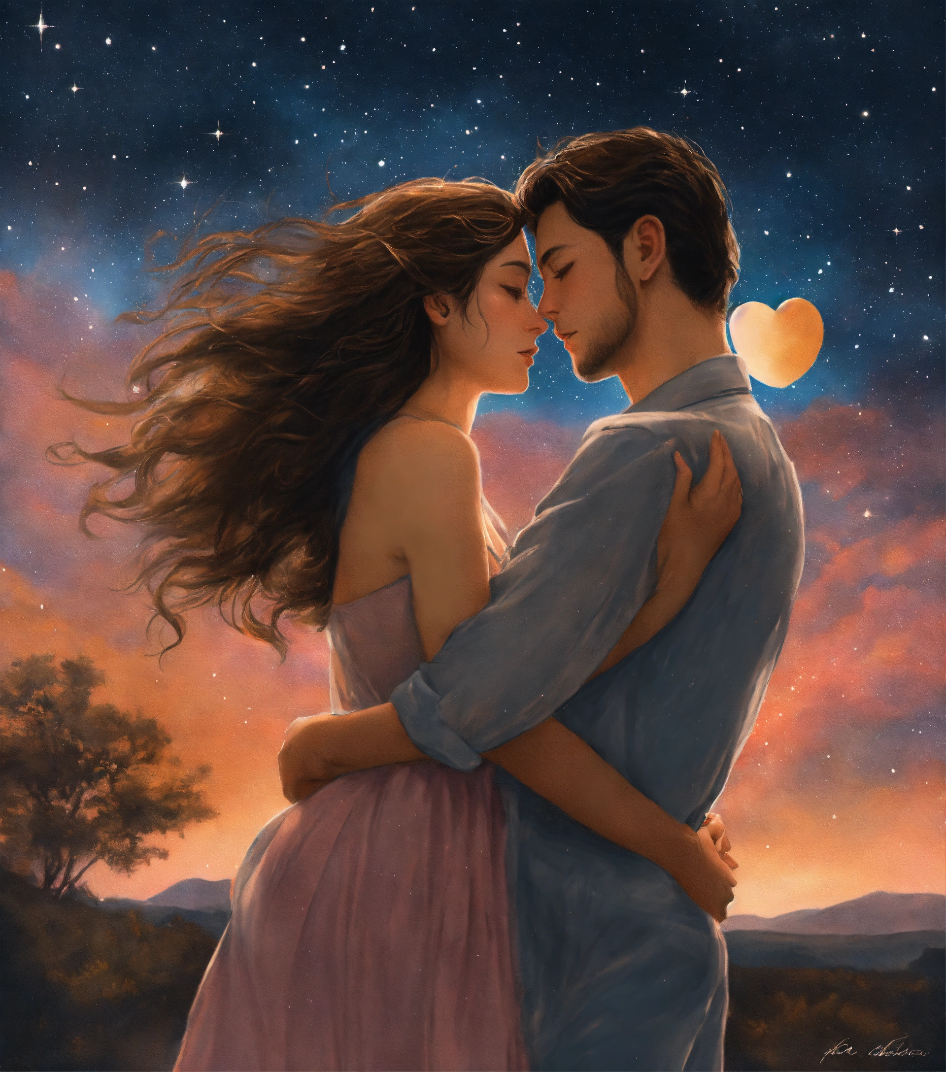 Lexica - Realistic drawing, three lovers, in the background stellar sky