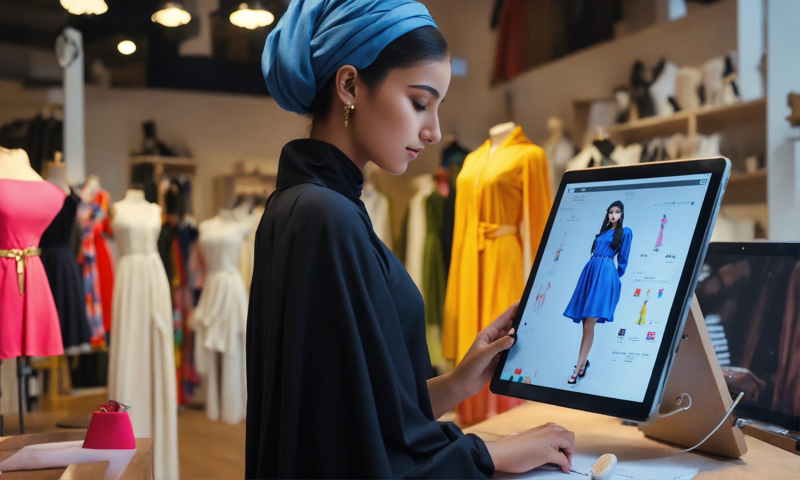Lexica - Saudi youth girl, fashion designer, drawing on tablet a dress ...