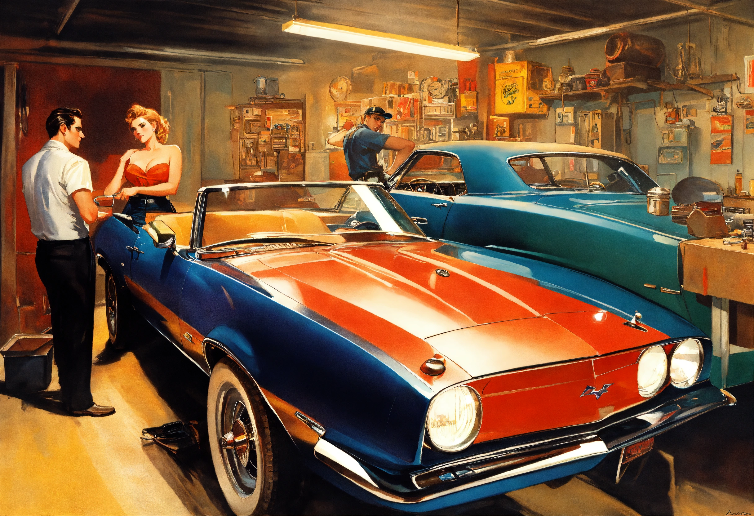 Lexica - Garage scene, vintage atmosphere, with a chevrolet camaro ...