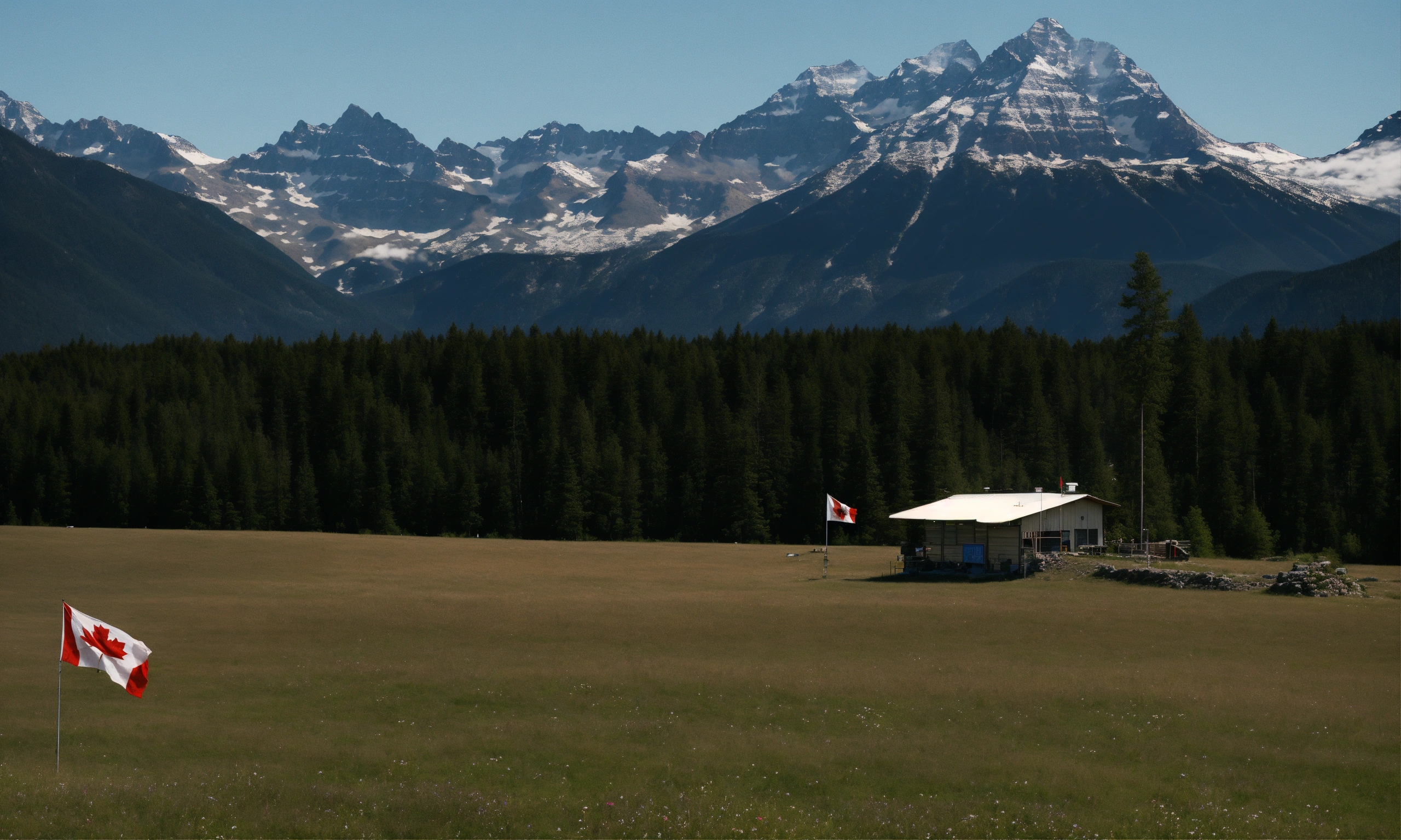 Lexica - Mountains across a meadow, with a small checkpoint building ...