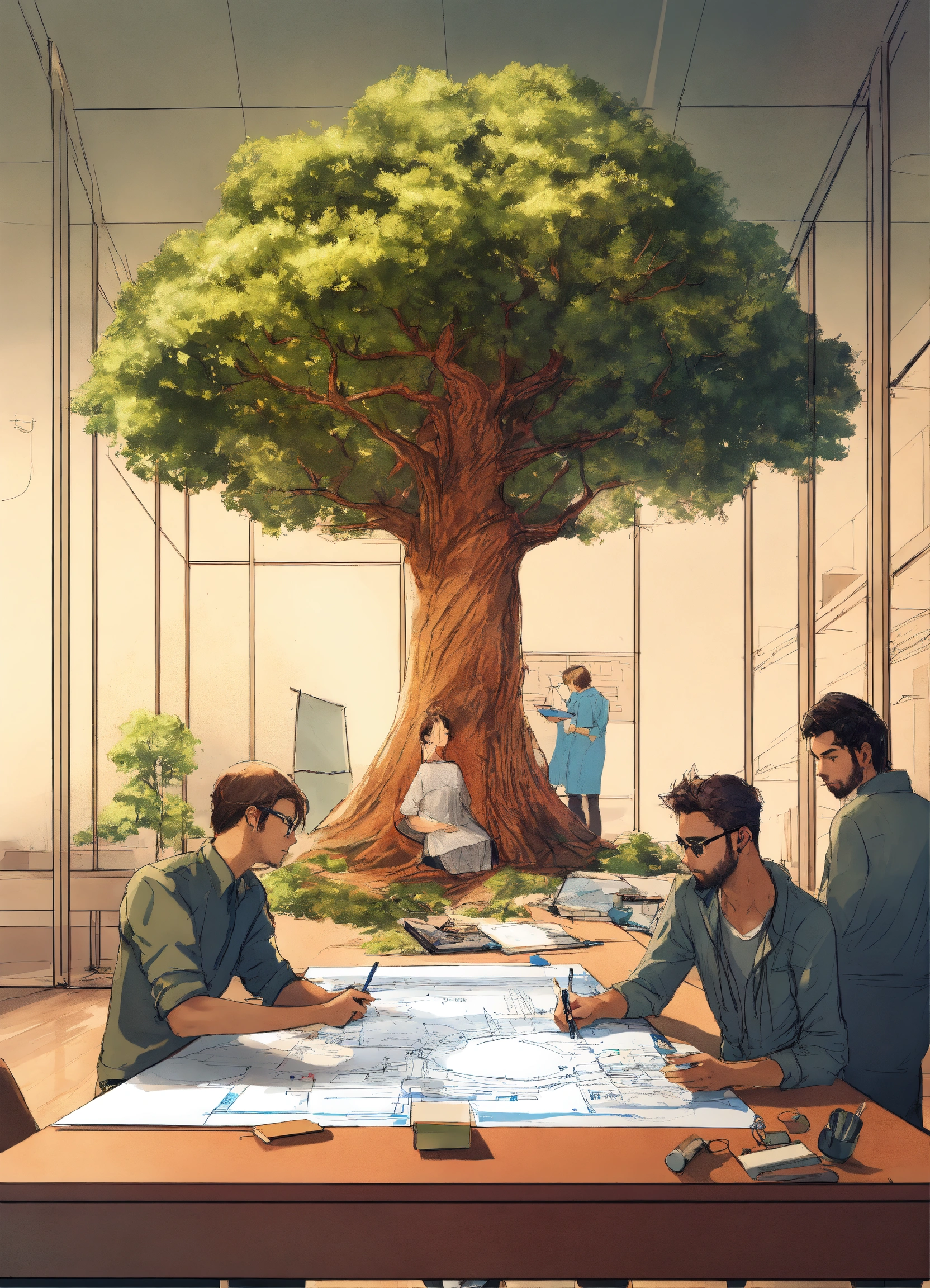Lexica - A team of designers around a drawing table, brainstorming ...