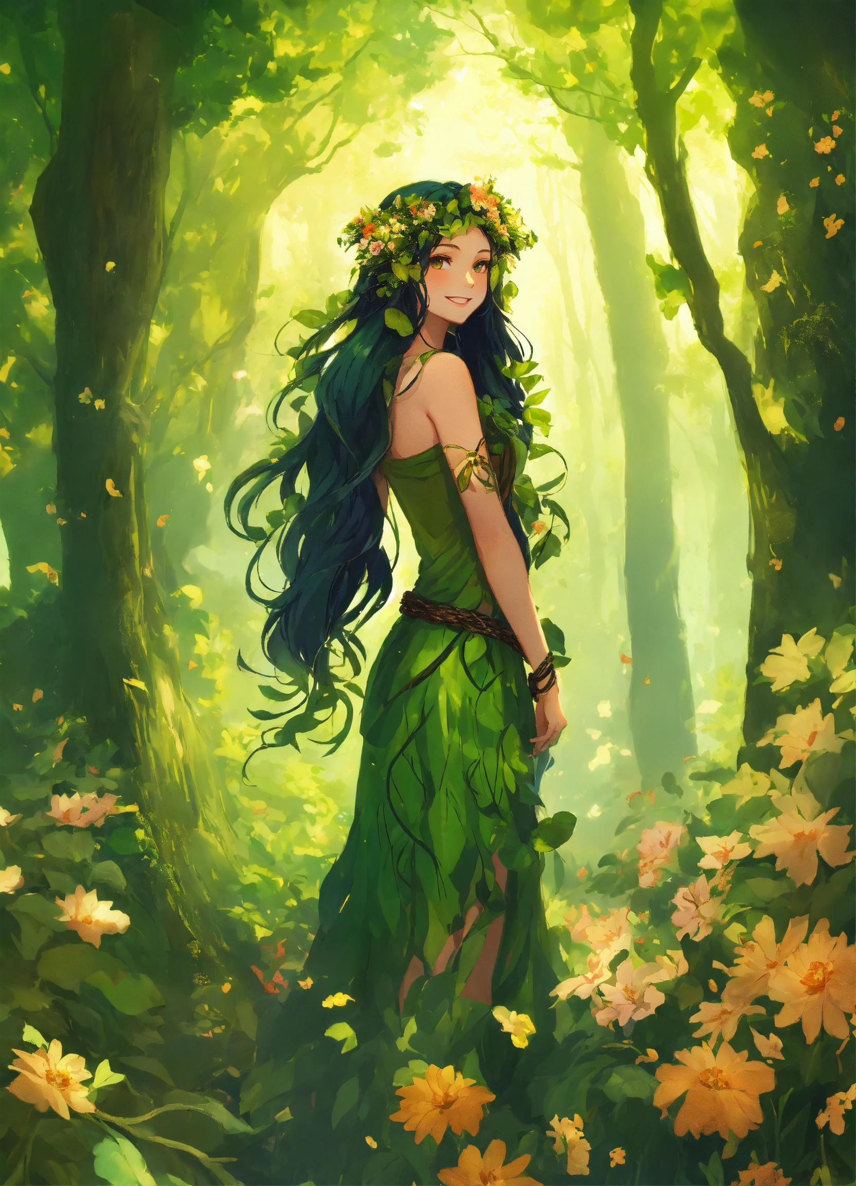 Lexica - Green dryad girl, long dark braided hair, smile, flowers, forest,