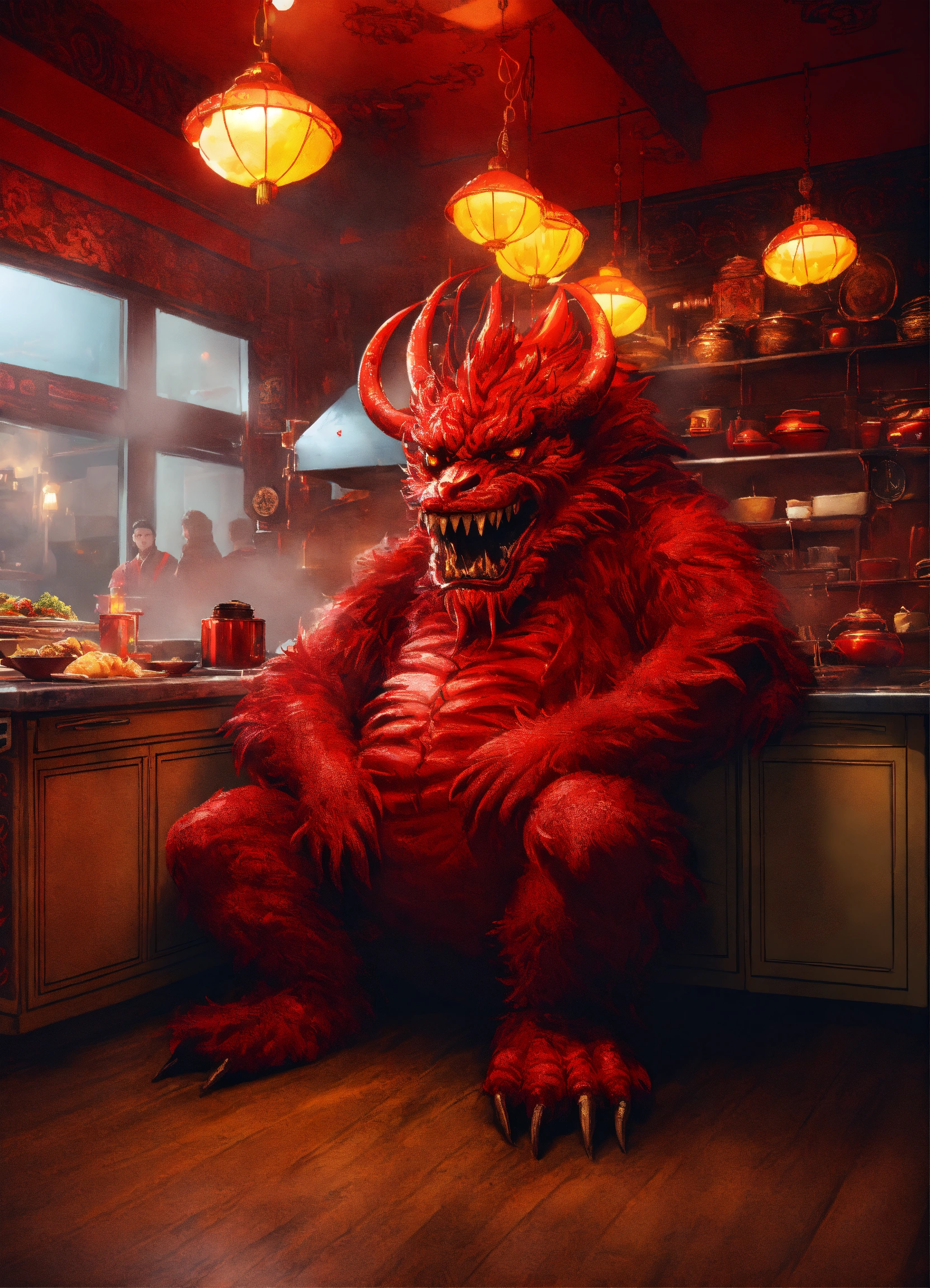 Lexica - A huge red chinese monster is sitting in front of a kitchen ...