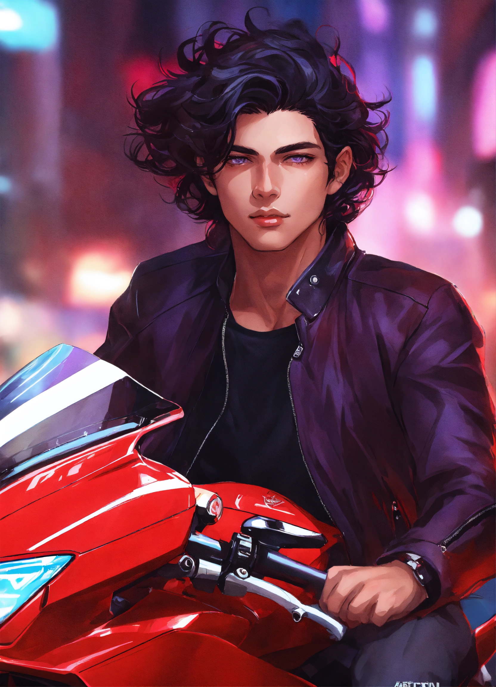 Lexica - Illustration of young man with violet eyes, riding red Ducati ...