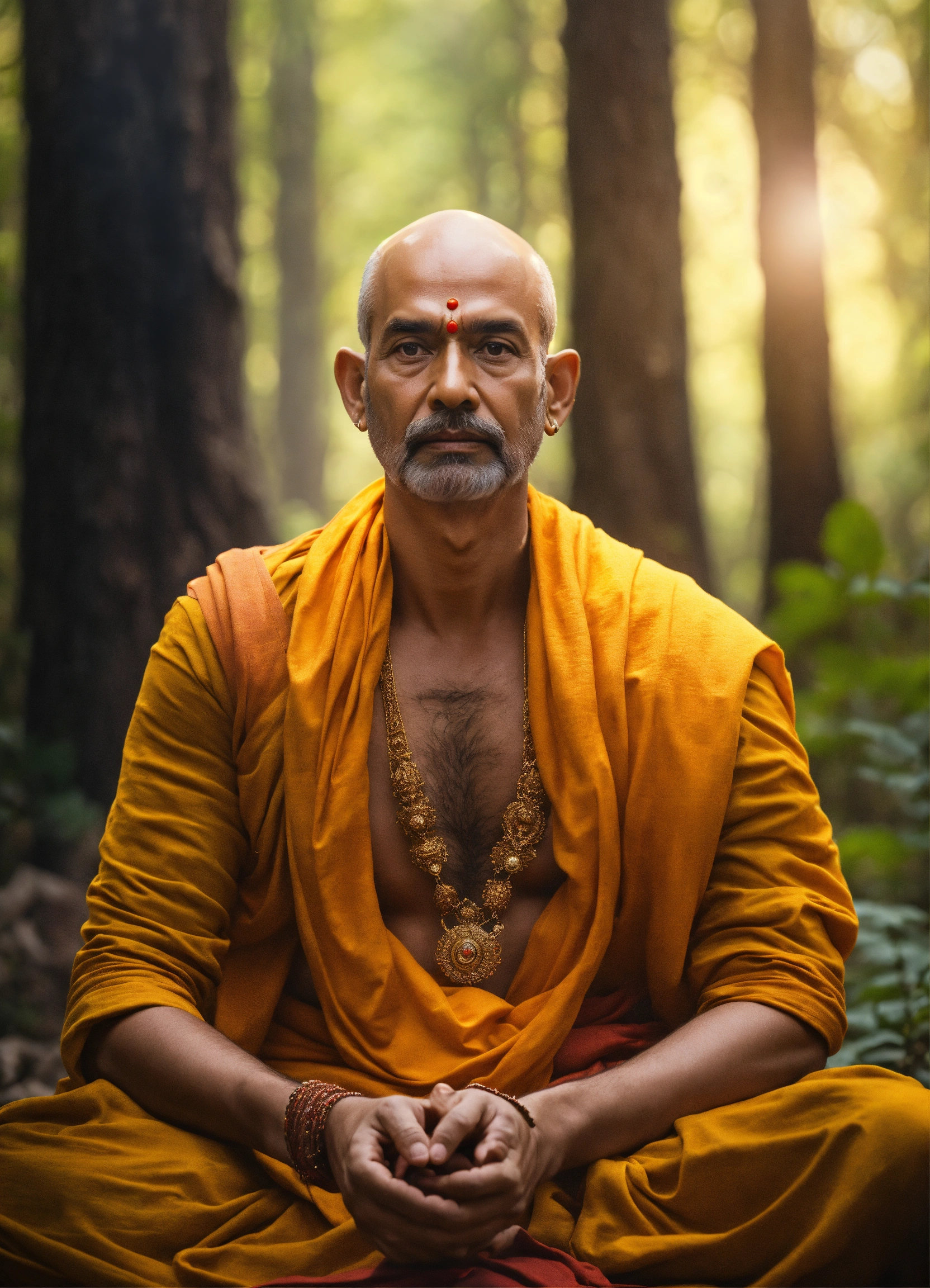 Lexica - Hindu saint without hair and roming in forest.Artist realistic 8k