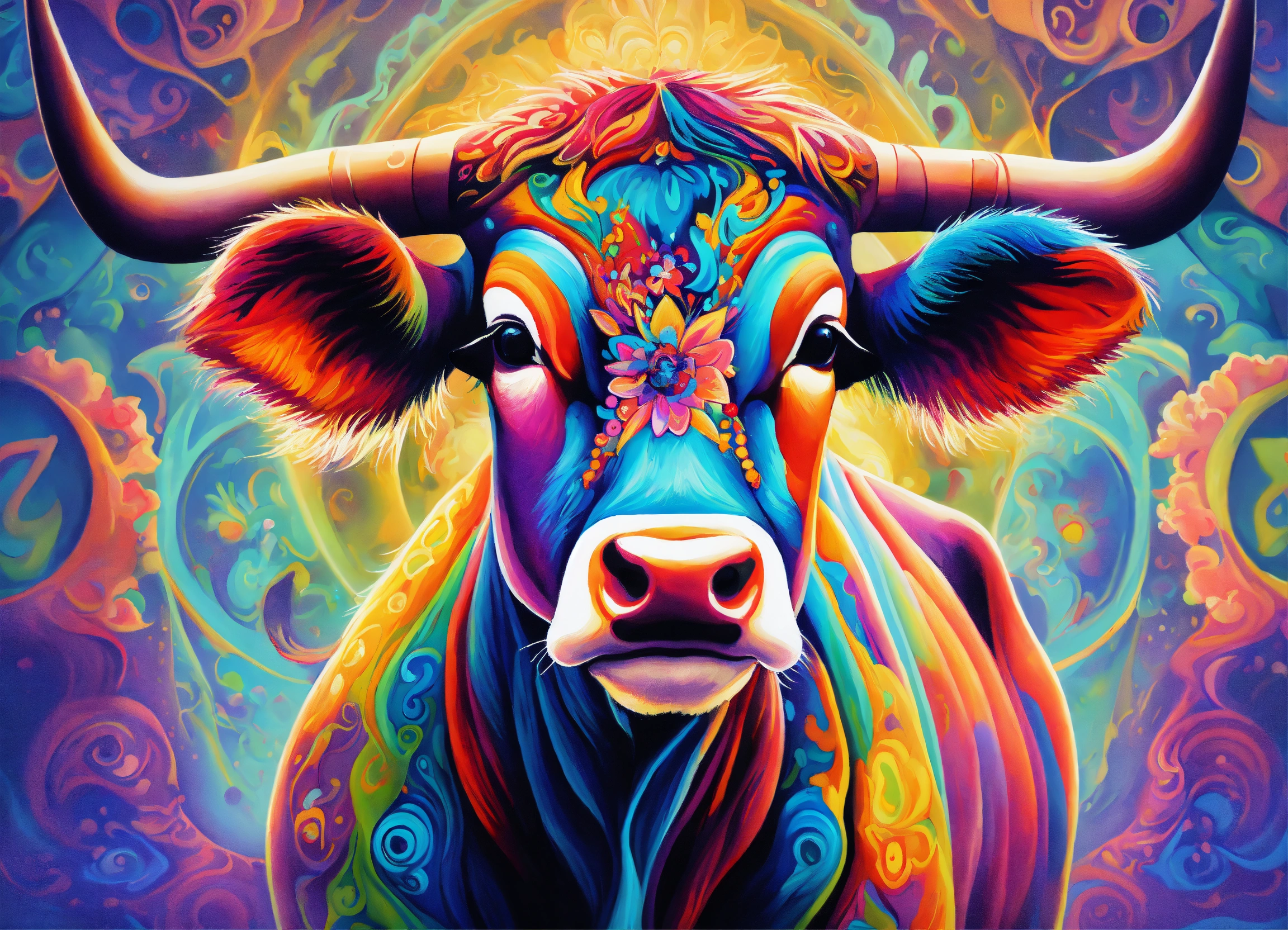 Lexica - Vibrant neo-traditional, a painting of a psychedelic cow with ...