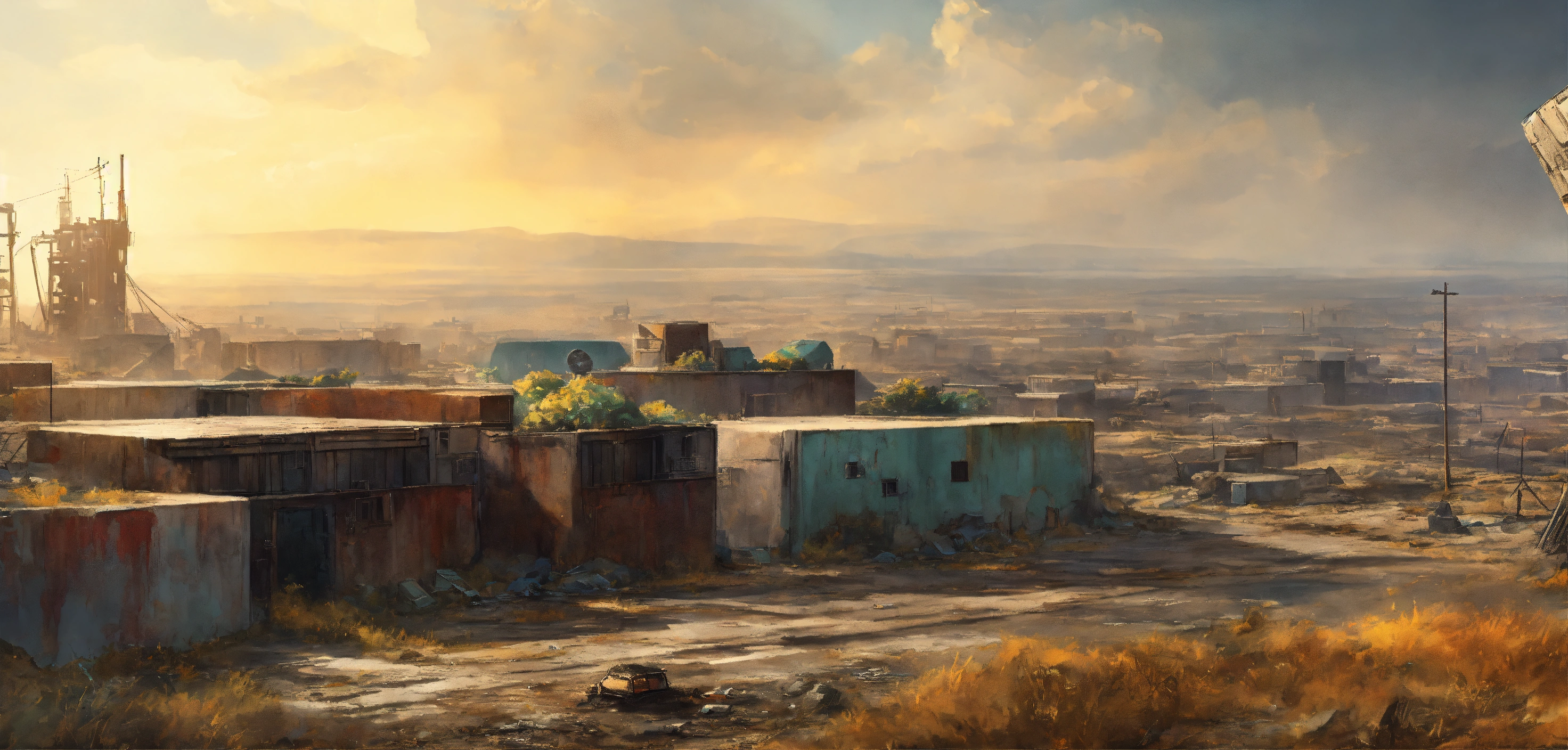 Lexica - Conept art, wasteland, small city in the distance, concrete walls,