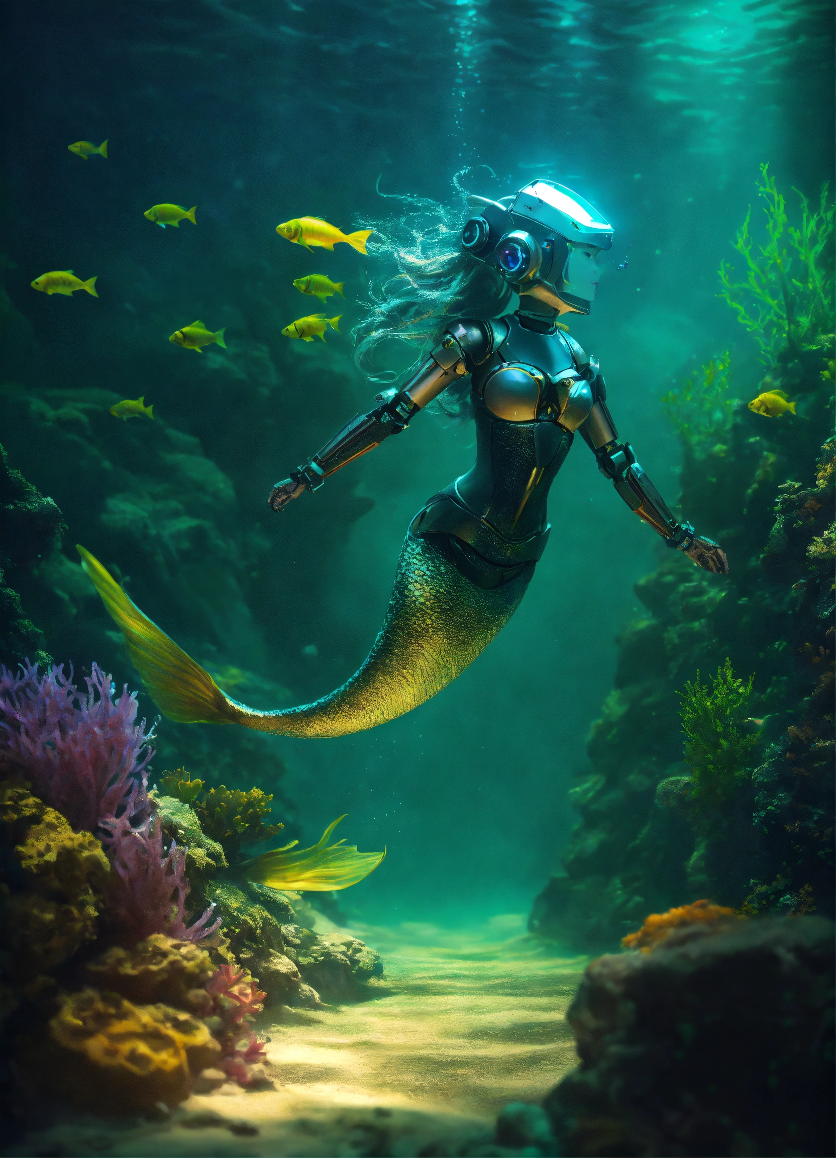 Lexica - A robot mermaid, in the bottom of the sea, dark light , whit a ...