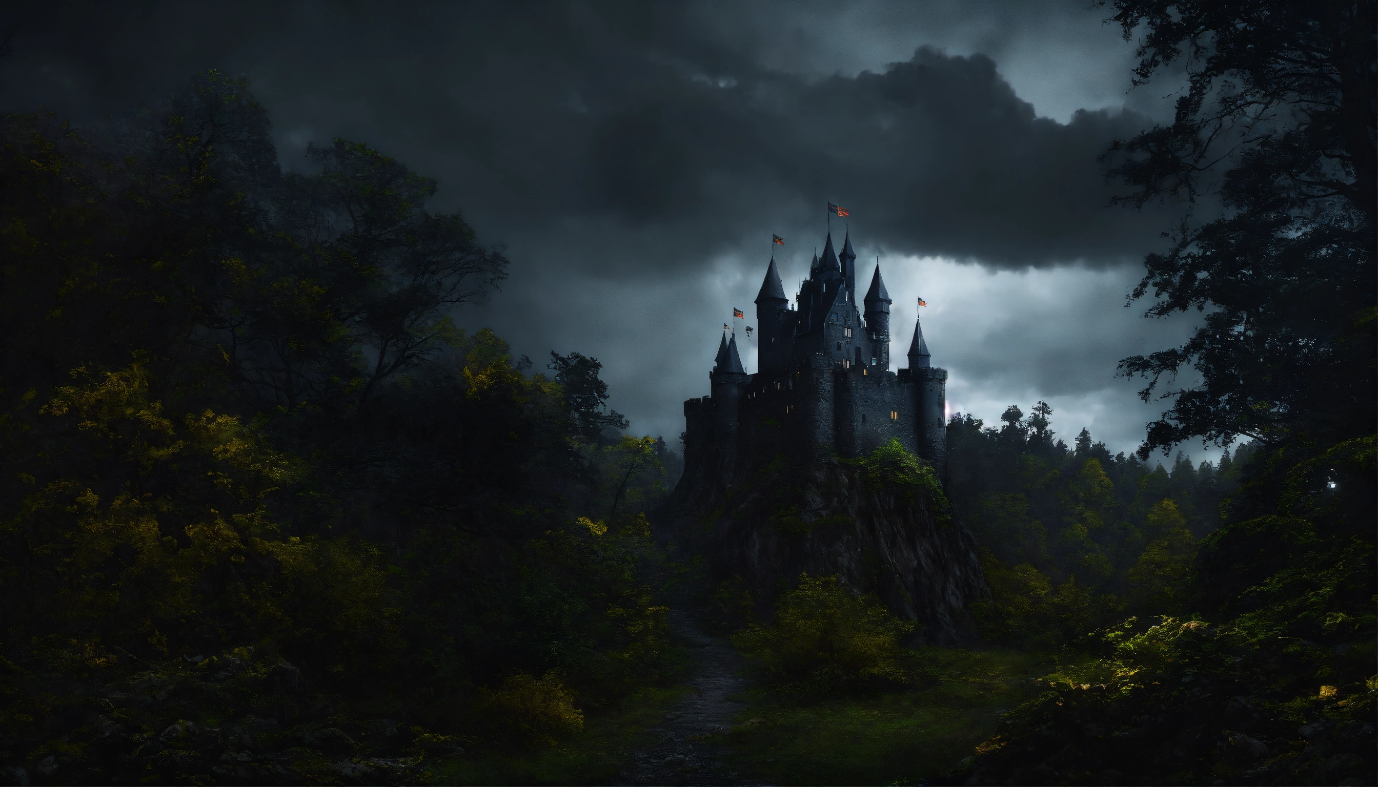 Lexica - A black castle in a dark forest, by night, dark stormy clouds ...
