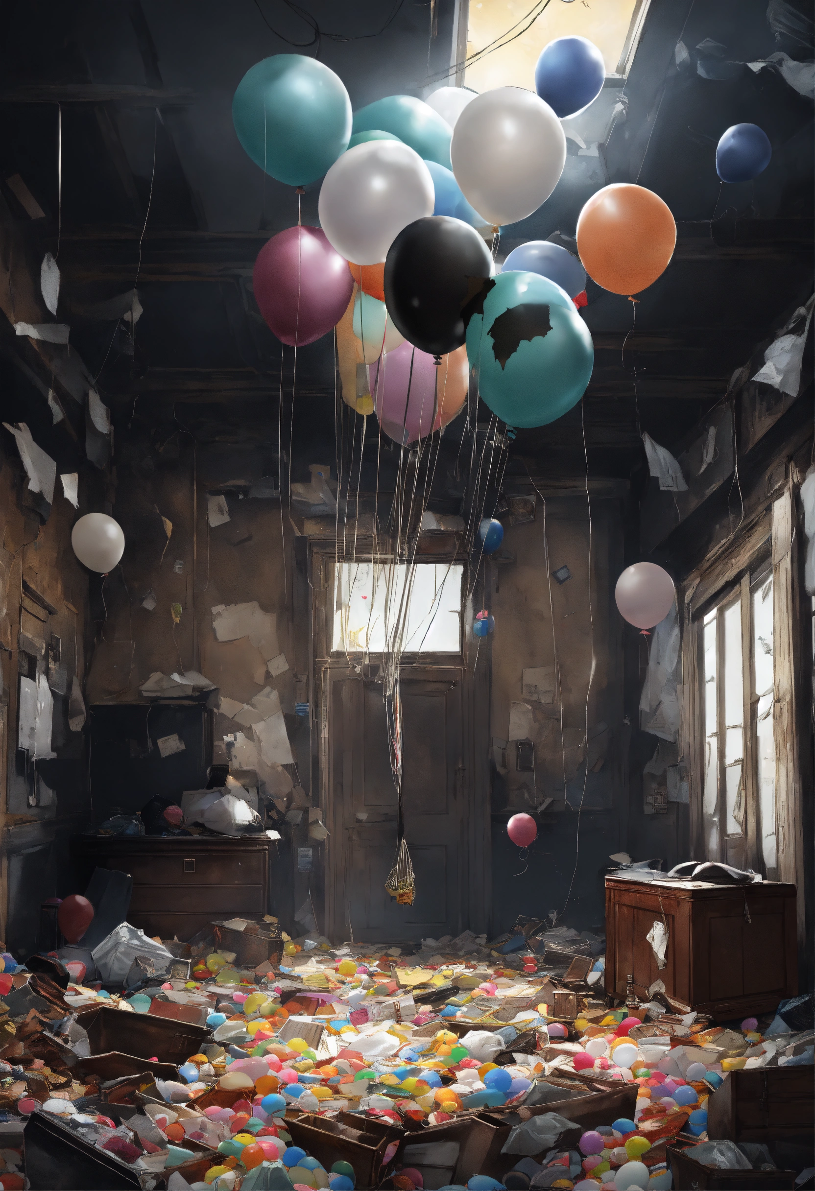 Lexica - A black and white striped balloon is hanging in the air, there ...
