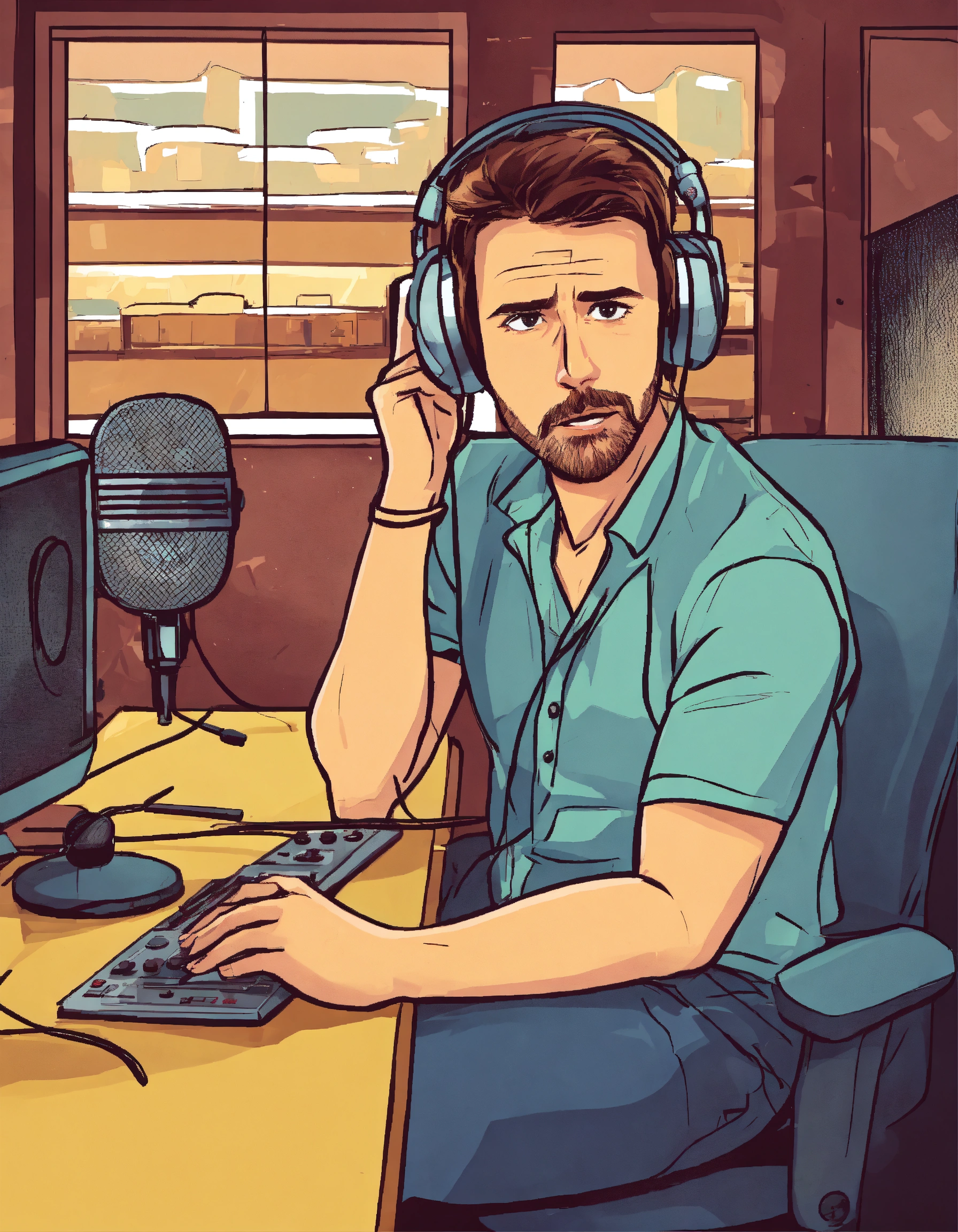 Lexica - A really bored radio host in the studio, cartoon style