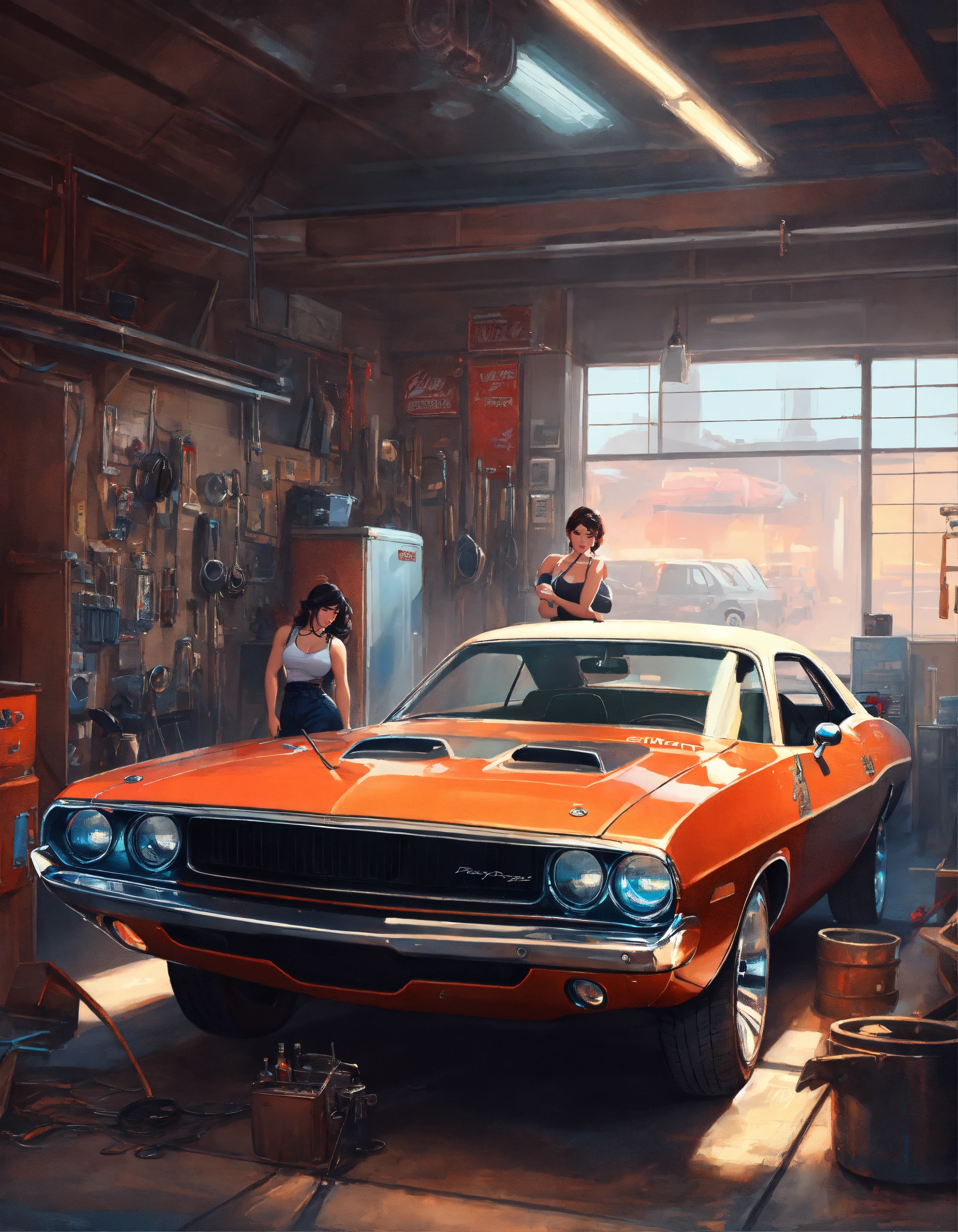 Lexica - Mechanic's garage scene, vintage atmosphere, with a Dodge ...