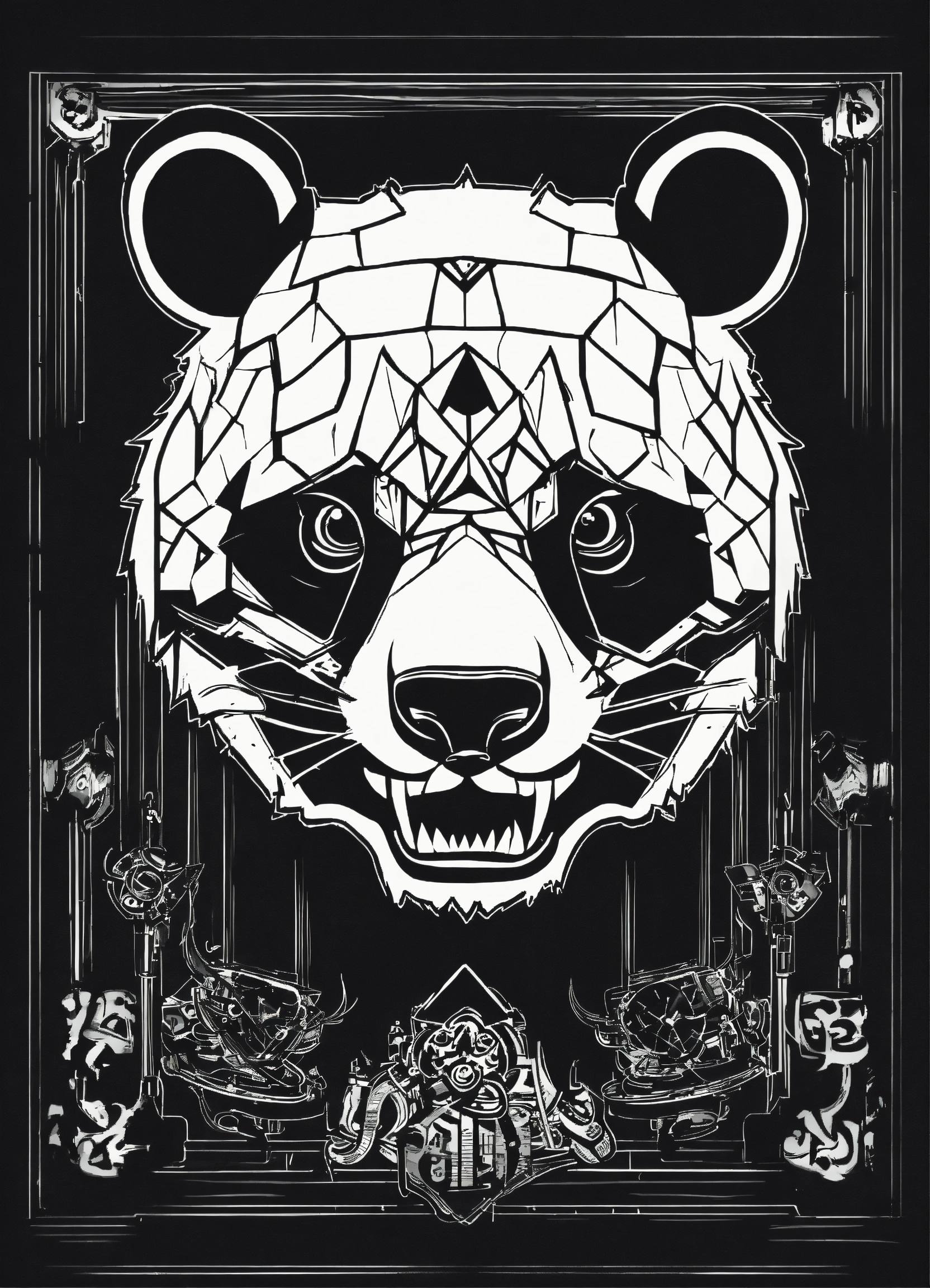 Lexica - Demon panda, black and white, stencil logo simple lines