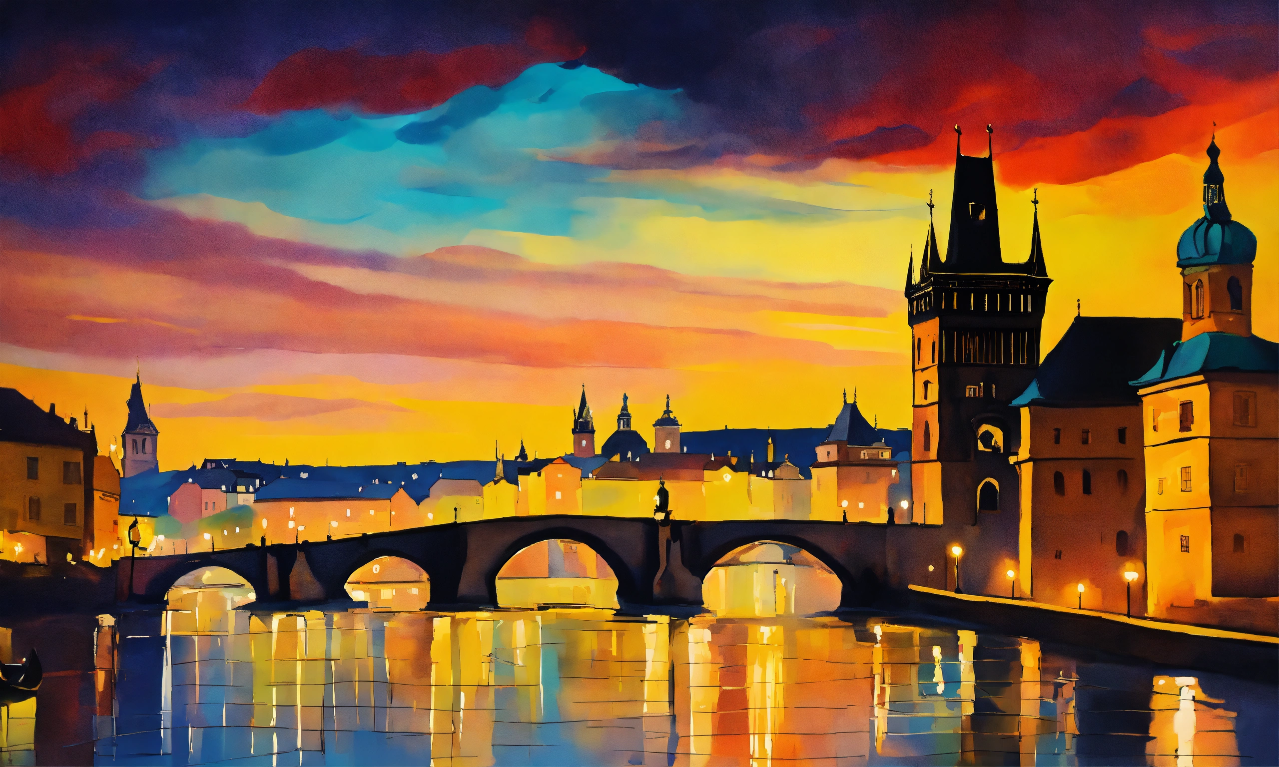 Lexica - Charles Bridge, Praga, a colorful painting in the style of ...