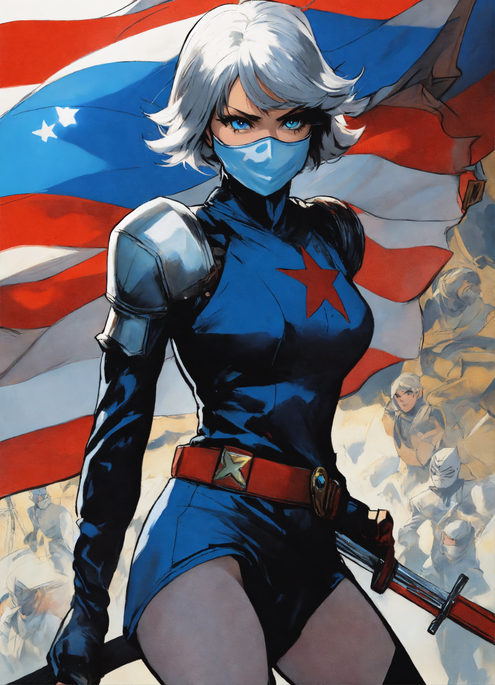Lexica - Masked grey-haired female vigilante, combat stance, glowing ...