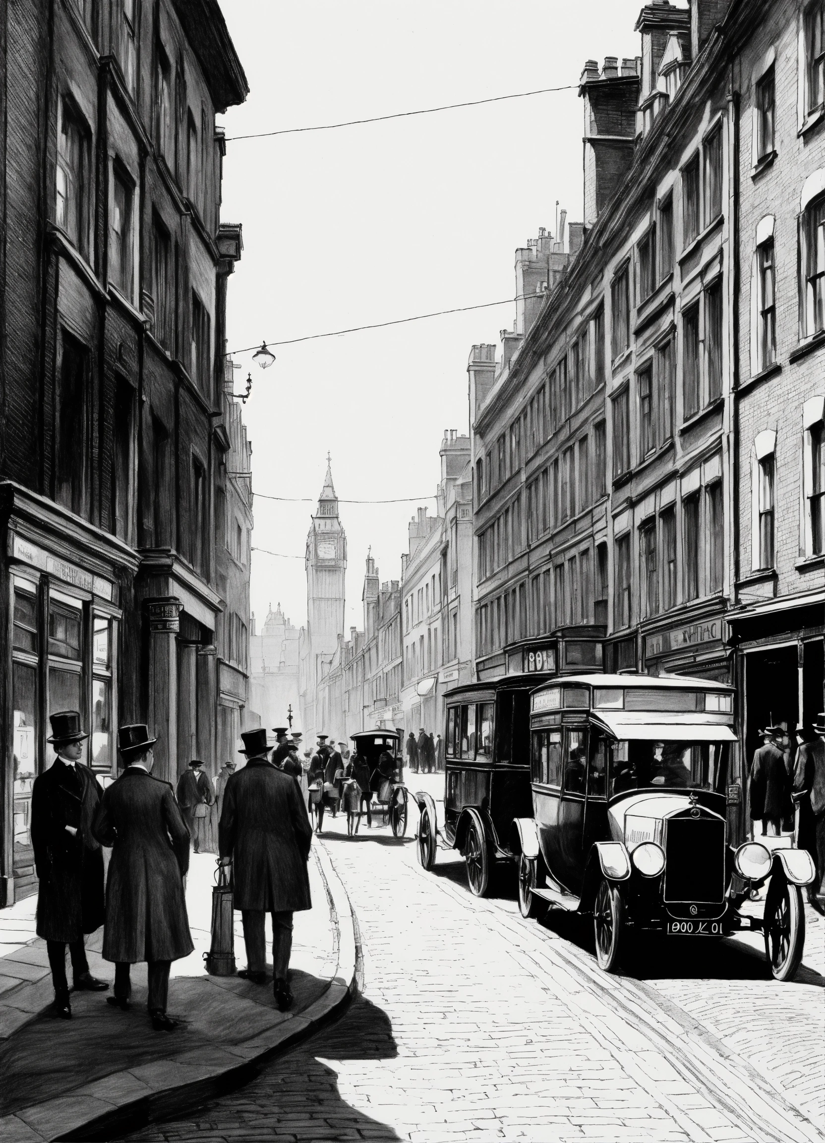 Lexica - Fine line black and white drawing of 1900 london street scene