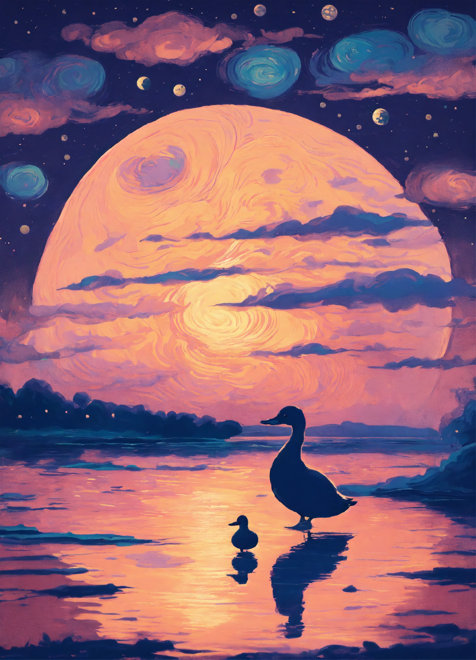 Lexica - I want you to create a romantic couple of 2 ducks on the moon ...