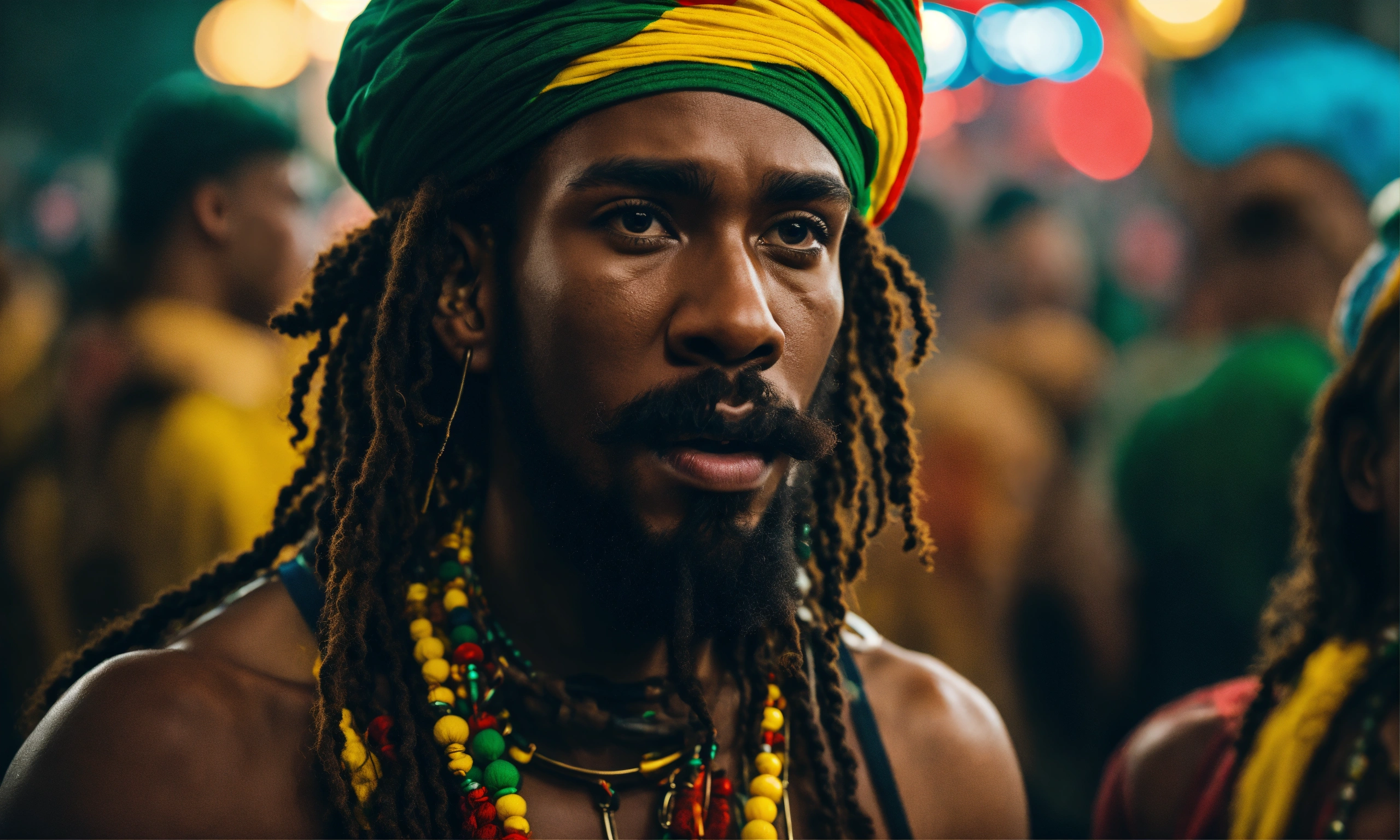 Lexica - Rastafarian with hands-on jaw grip with fear, crowd in the ...