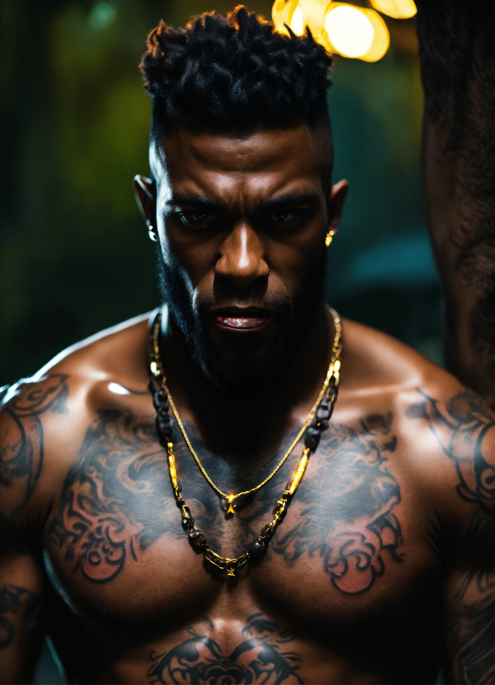 Lexica - Handsome black man, dark skinned, werewolf glowing eyes, fangs ...