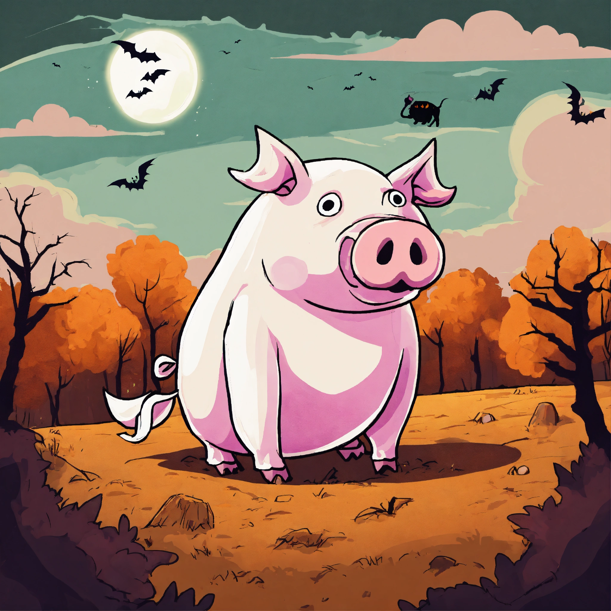 Lexica - Cartoon drawing of a pig disguised as a ghost on a halloween ...