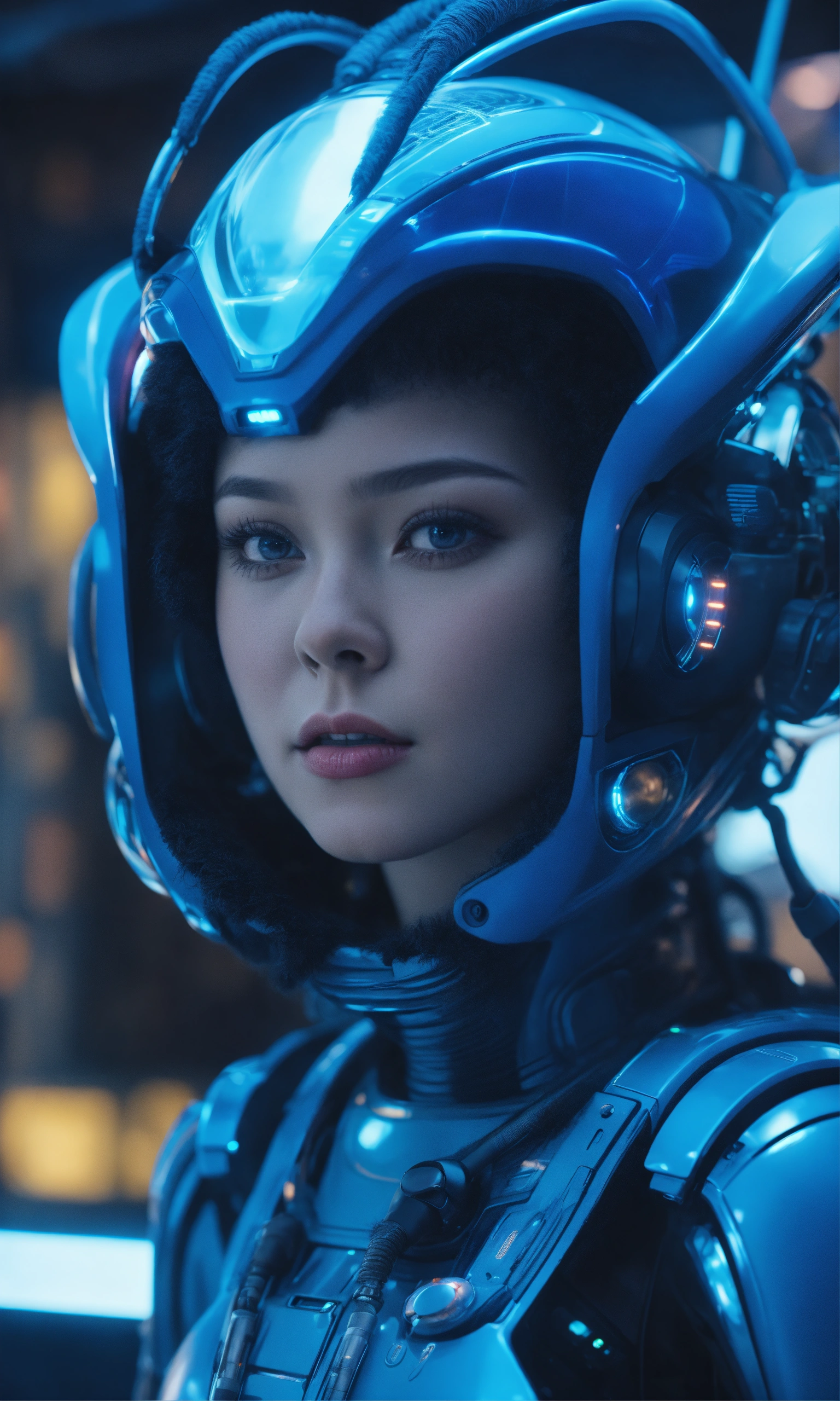 Lexica - Zoom out of a wise fuzzy blue alien girl on hi tech mother ...