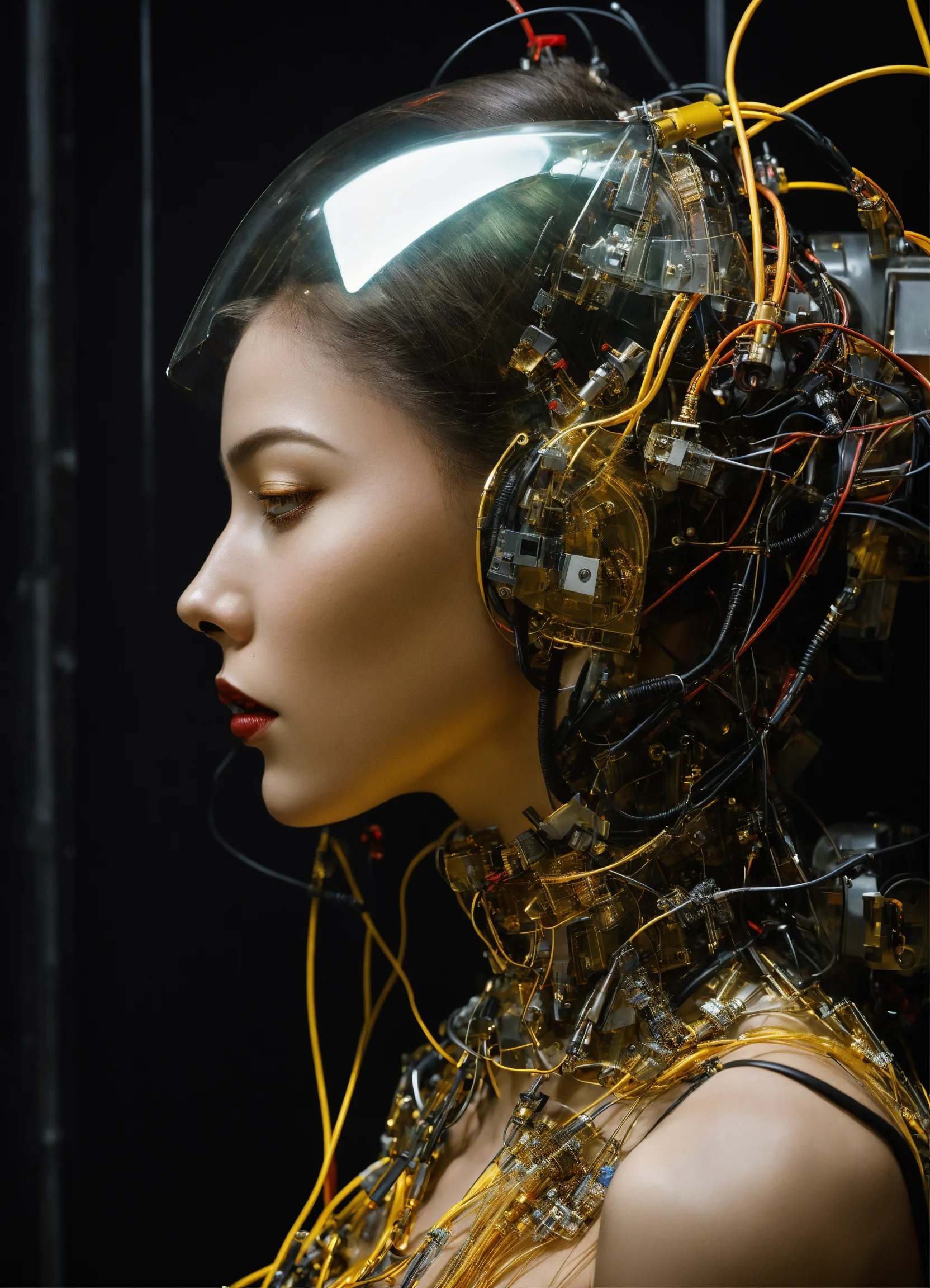 Lexica - Profile Photography, in front of a black wall, a cyborg woman ...