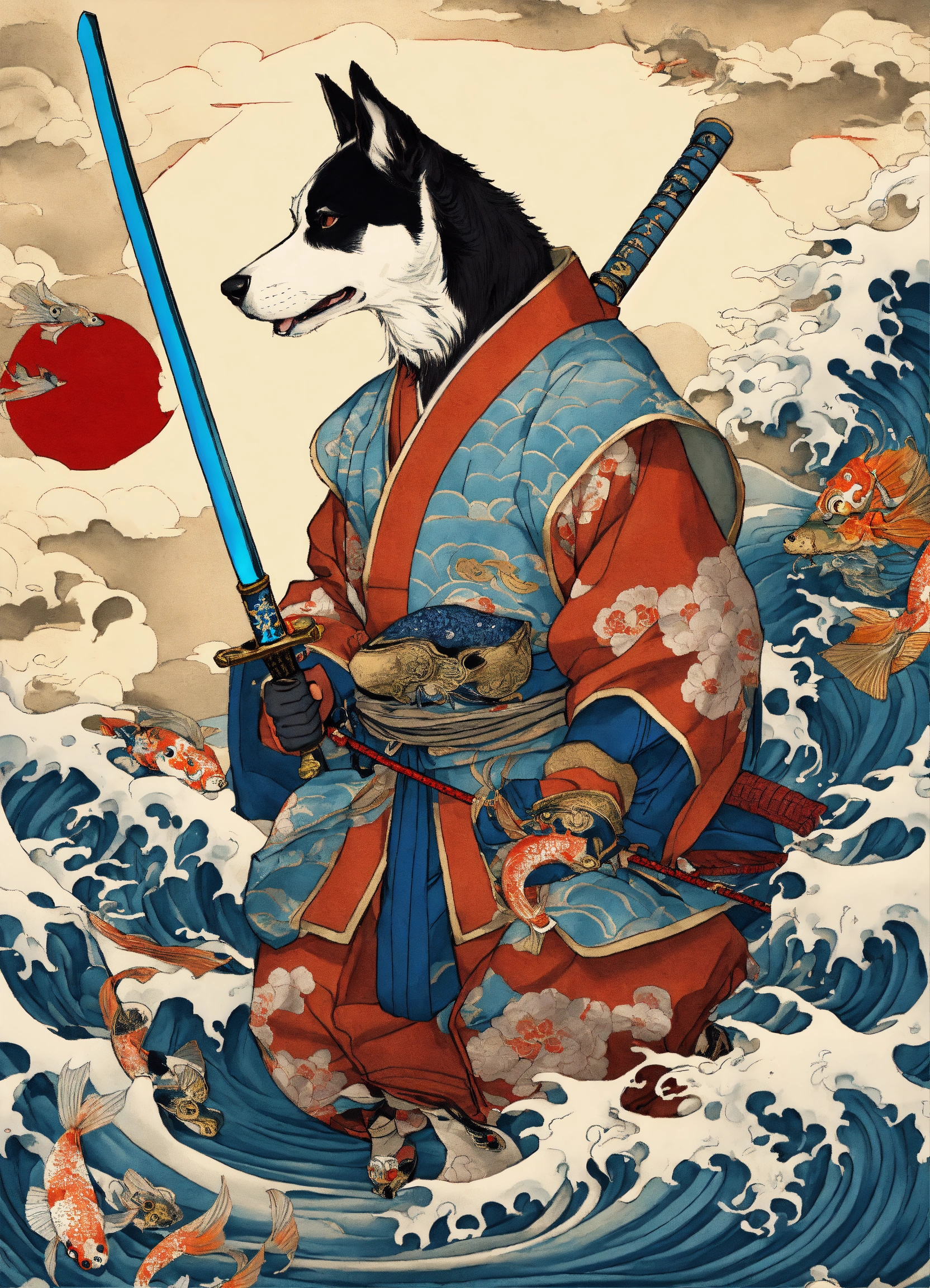 Lexica - There is a dog with a fish and a sword on a white background ...