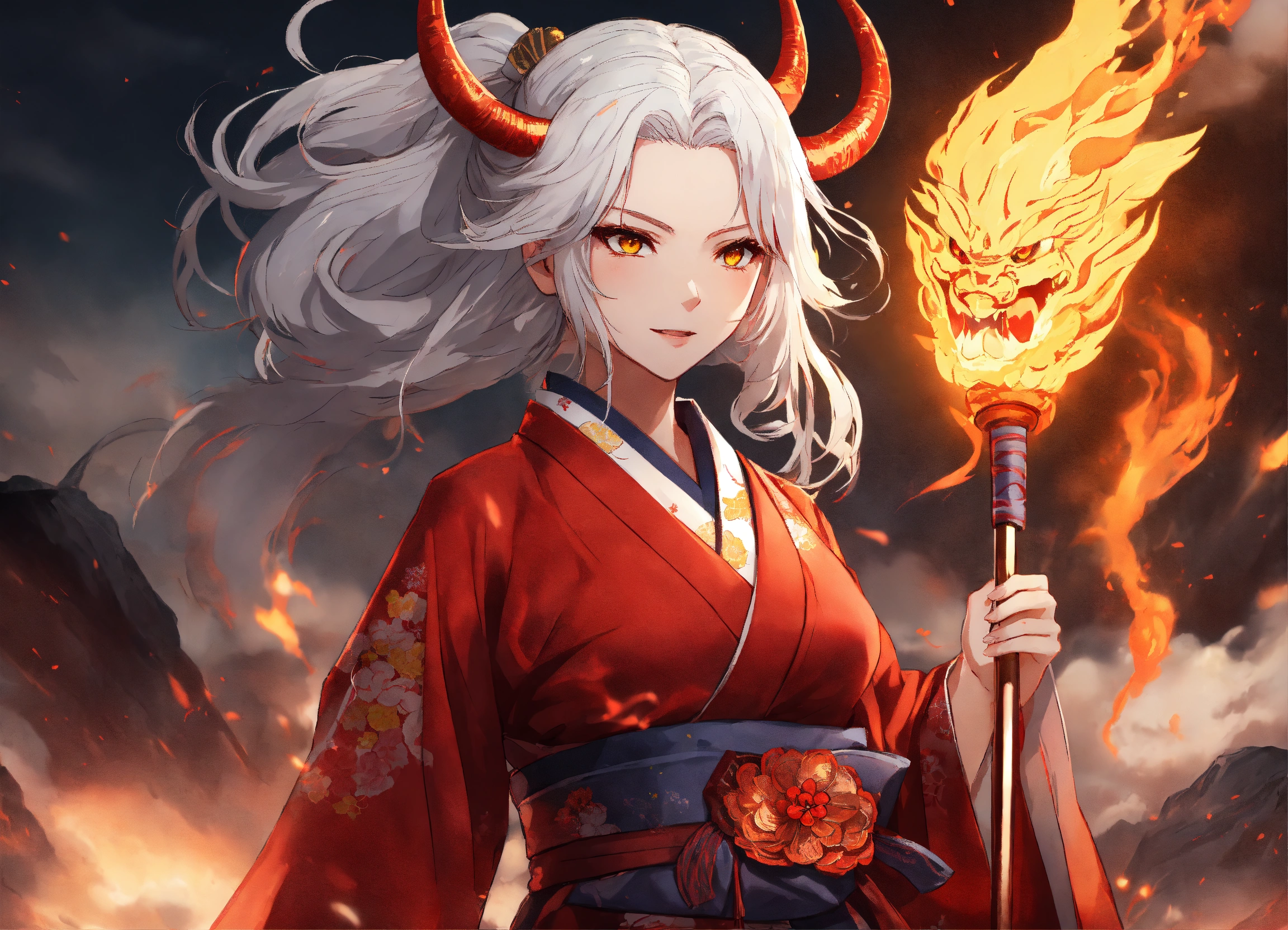 Lexica - A beautiful white hair woman Oni in hell, two red horns ...