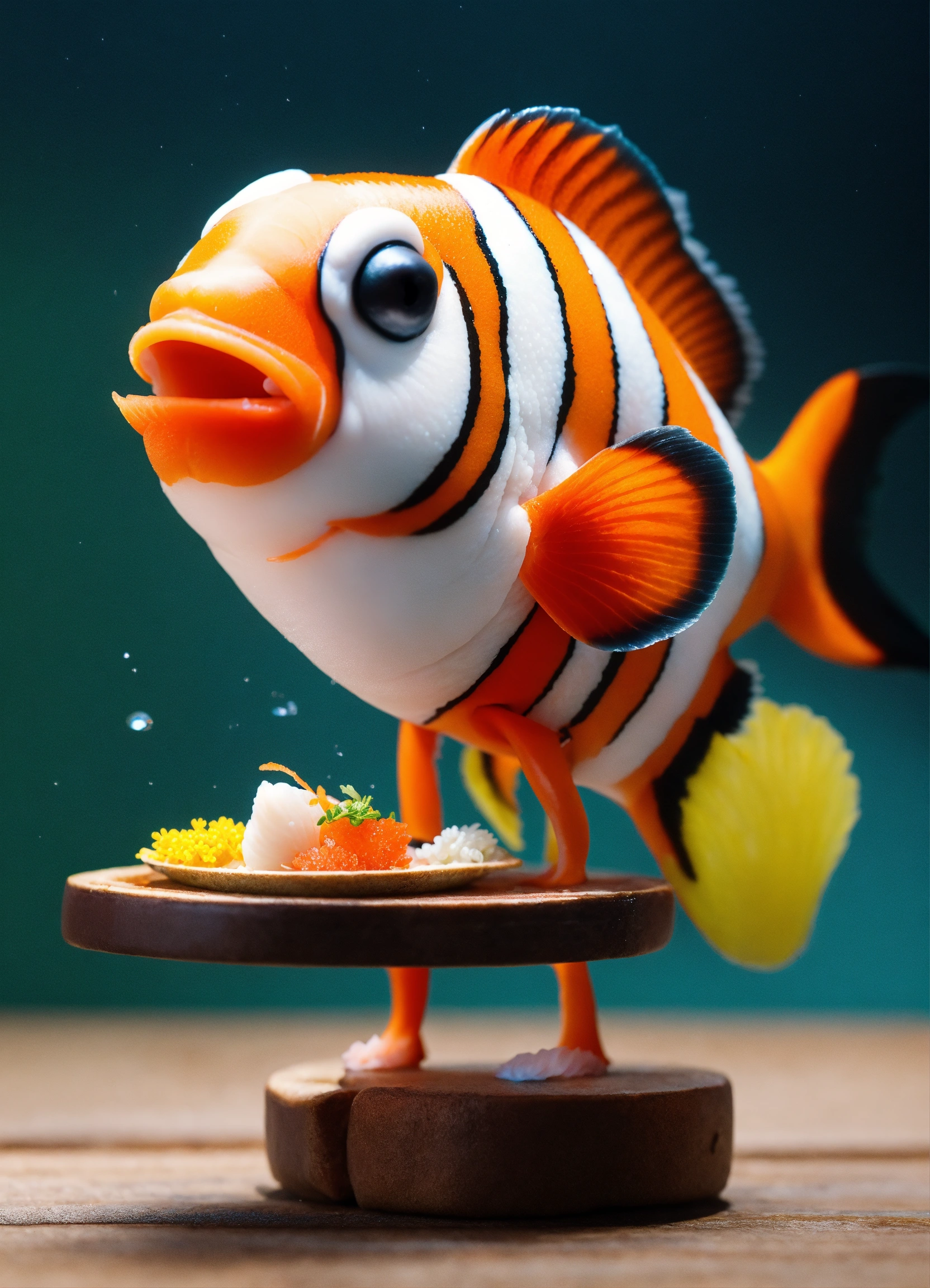 Lexica - A clownfish standing on 2 legs, eating sushi, claymation, 8k