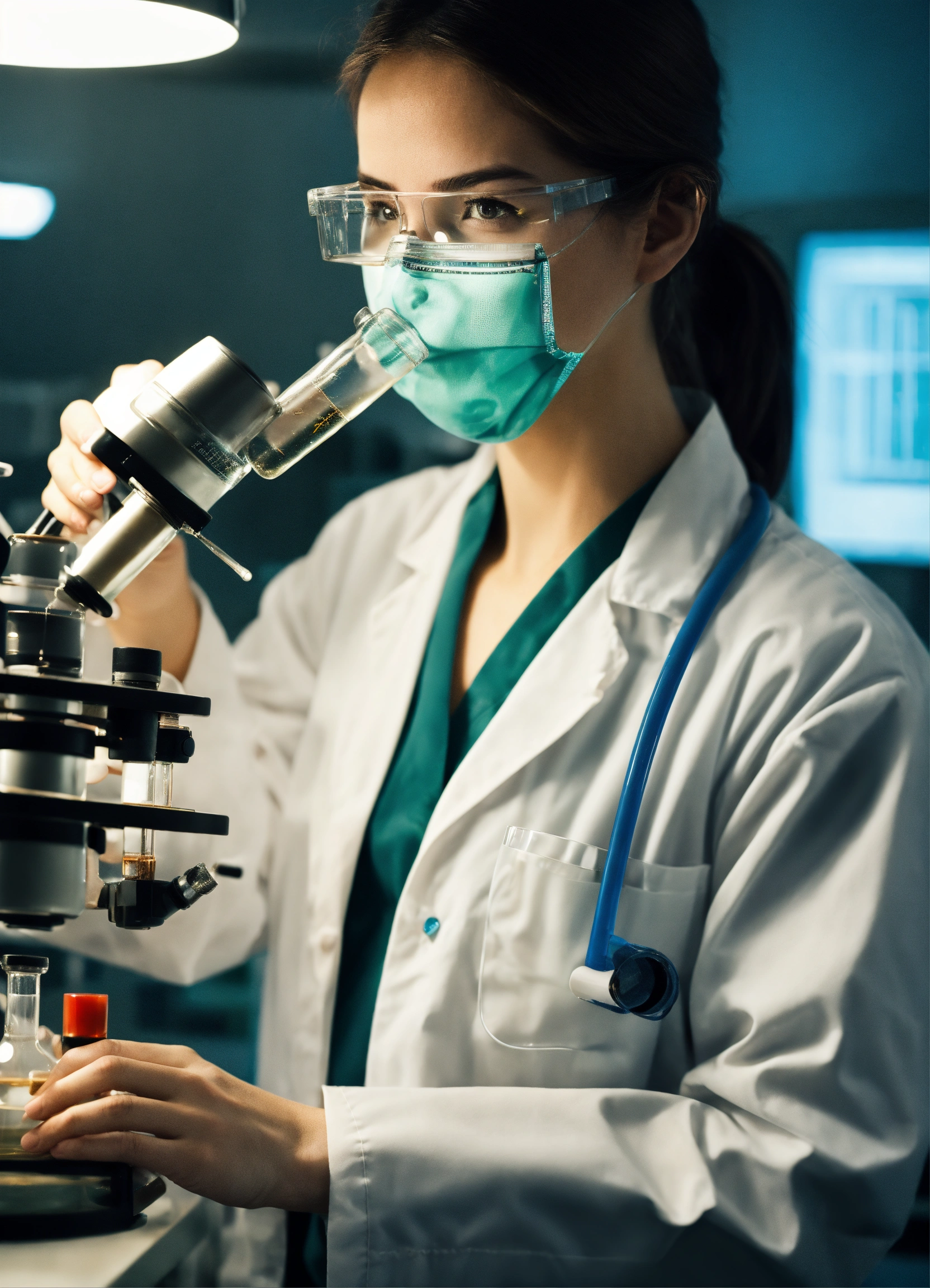 Lexica - Female scientist in a laboratory. Half body shot. Neutral ...