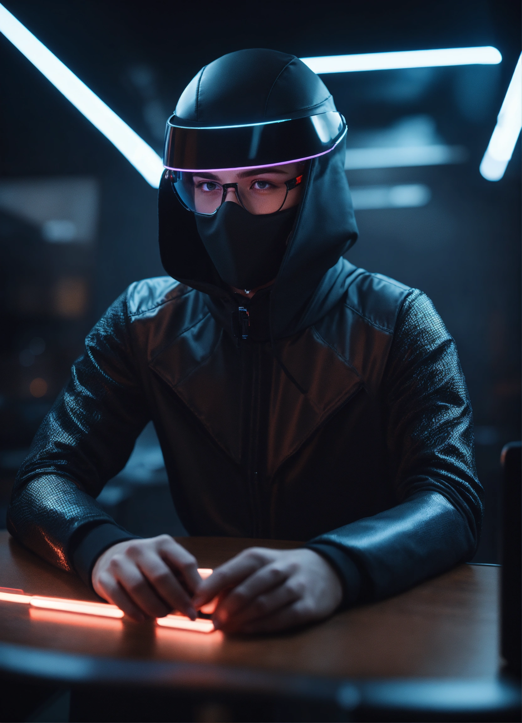 Lexica - Nerdy 25 year old male hacker wearing futuristic black ...