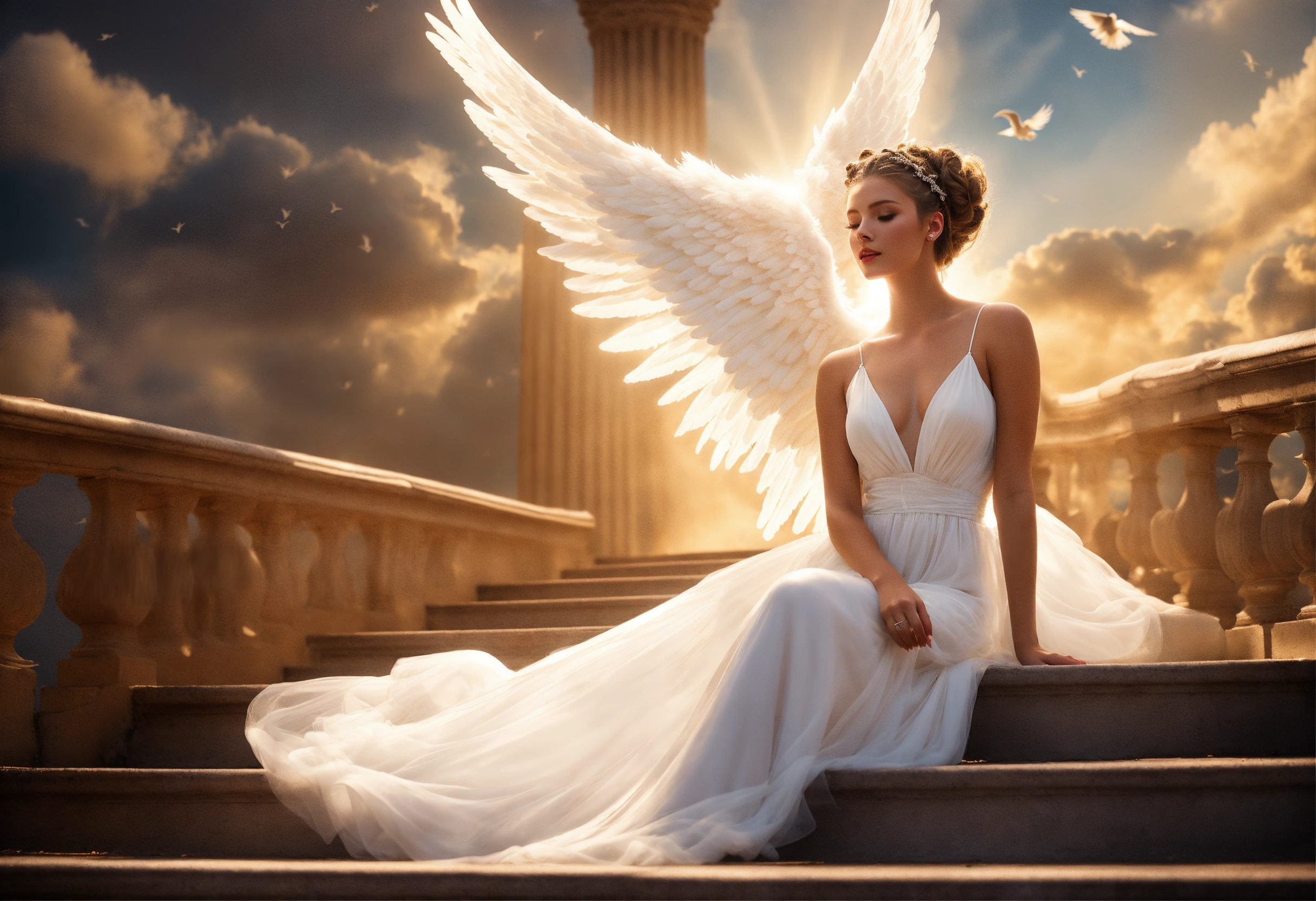 Lexica - Realistic A beautiful WHITE woman angel in all white flowy ...