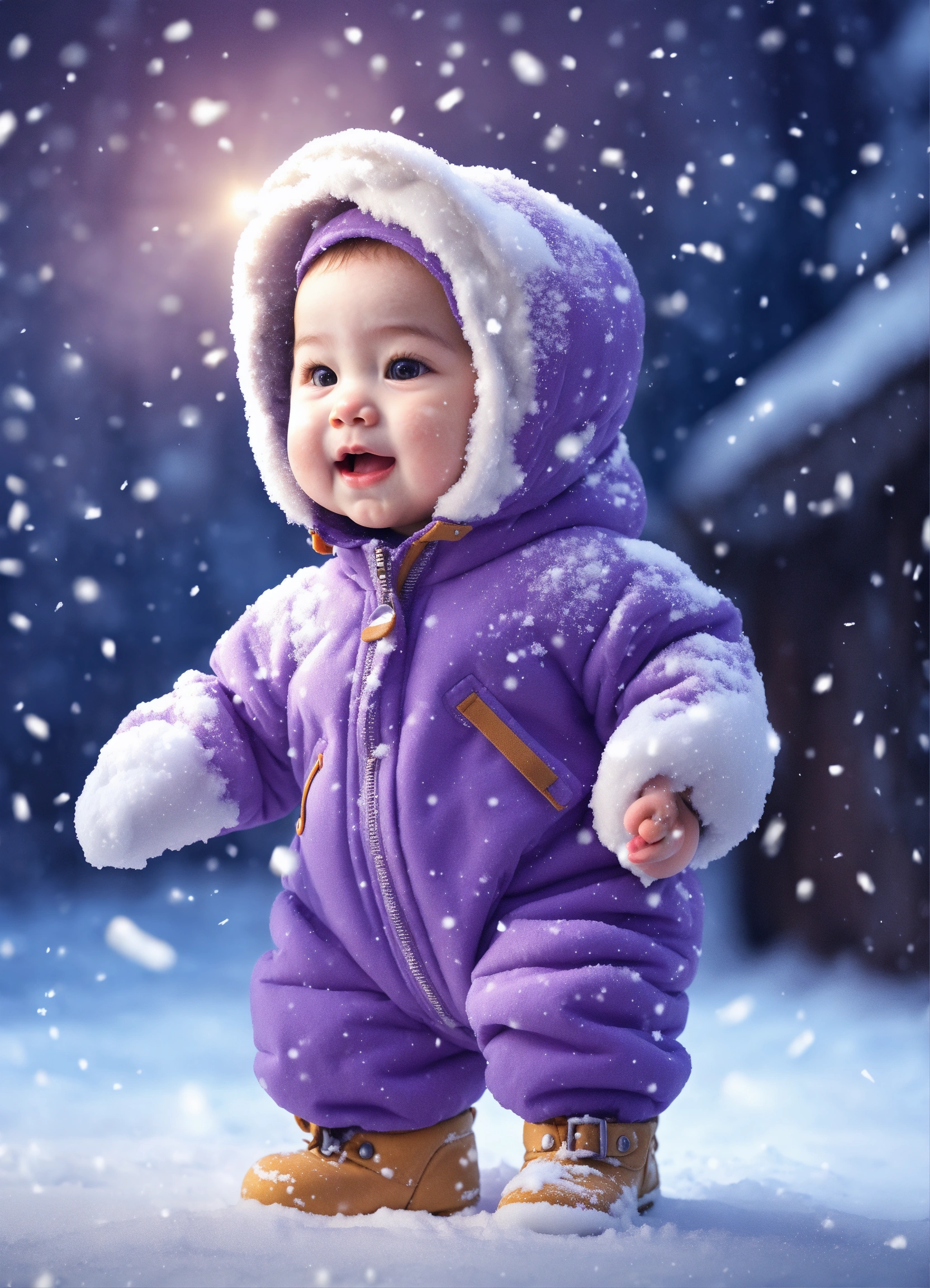 Lexica - A very cute snow baby animation in a purple snow suit playing ...