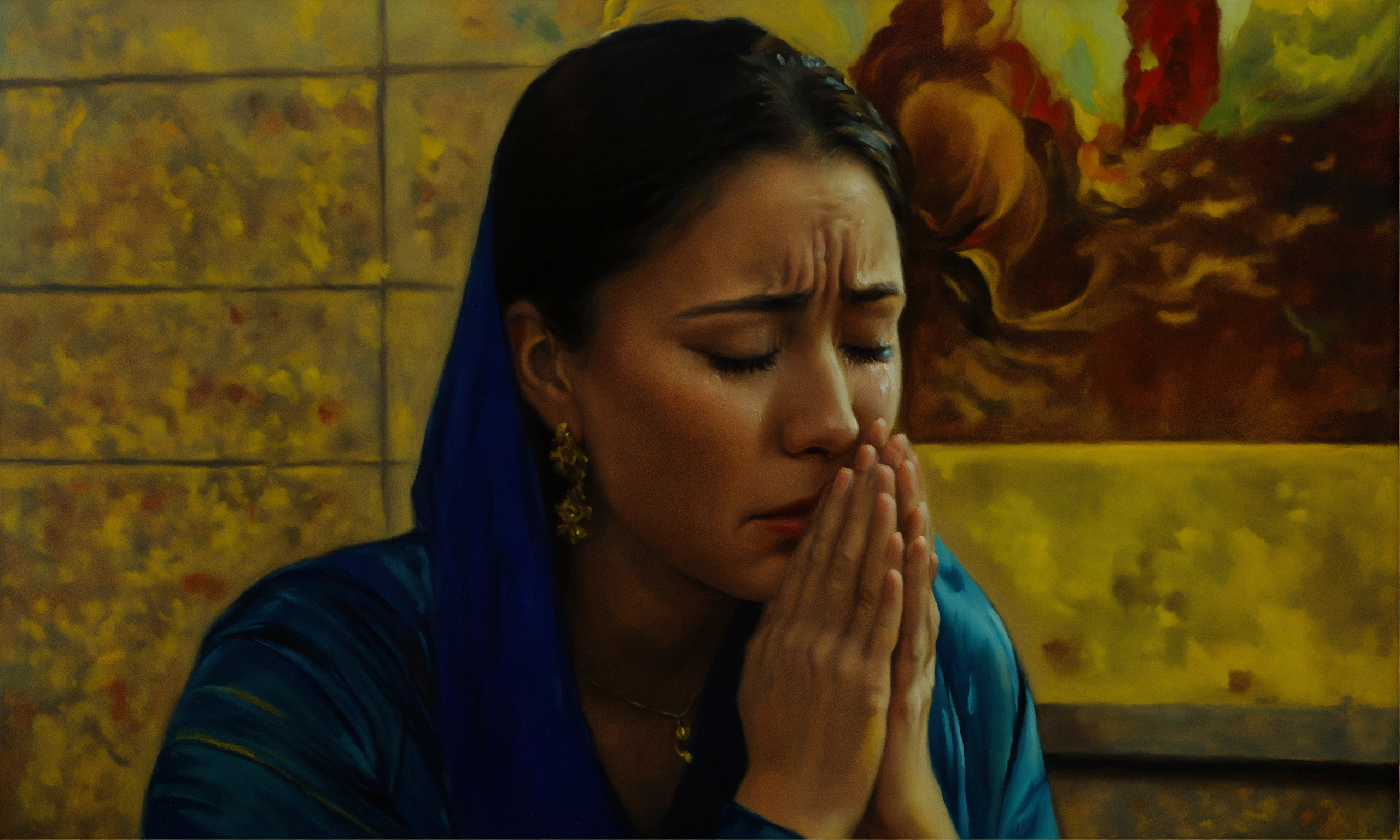 Lexica - Oil painting of a woman crying while praying