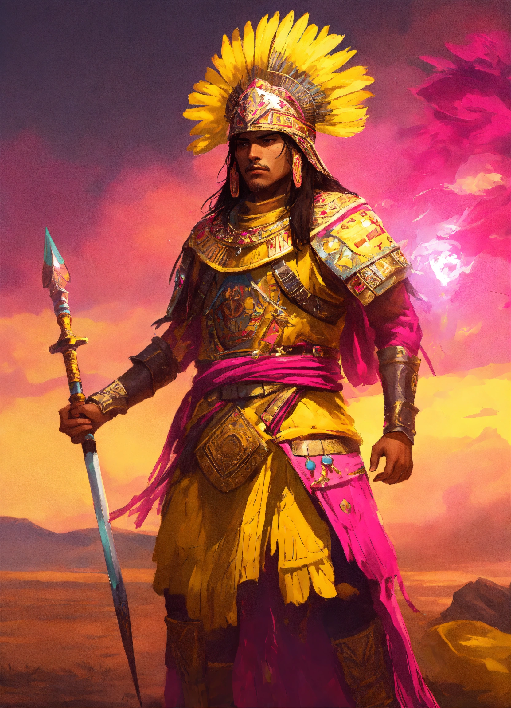 Lexica - An aztec priest warrior in yellow and pink, battlefield ...