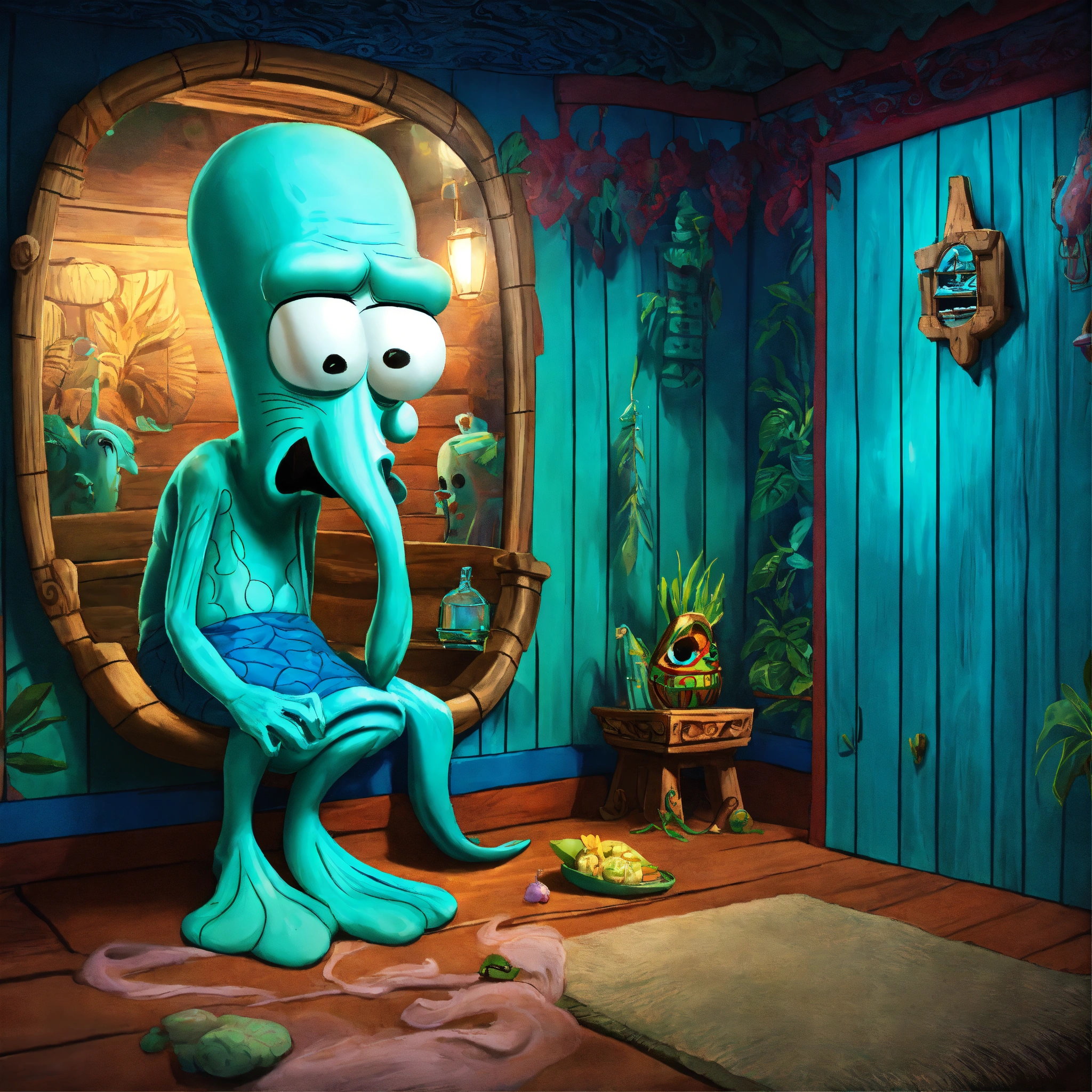Lexica - Squidward staring into the mirror and crying, hyper realistic ...