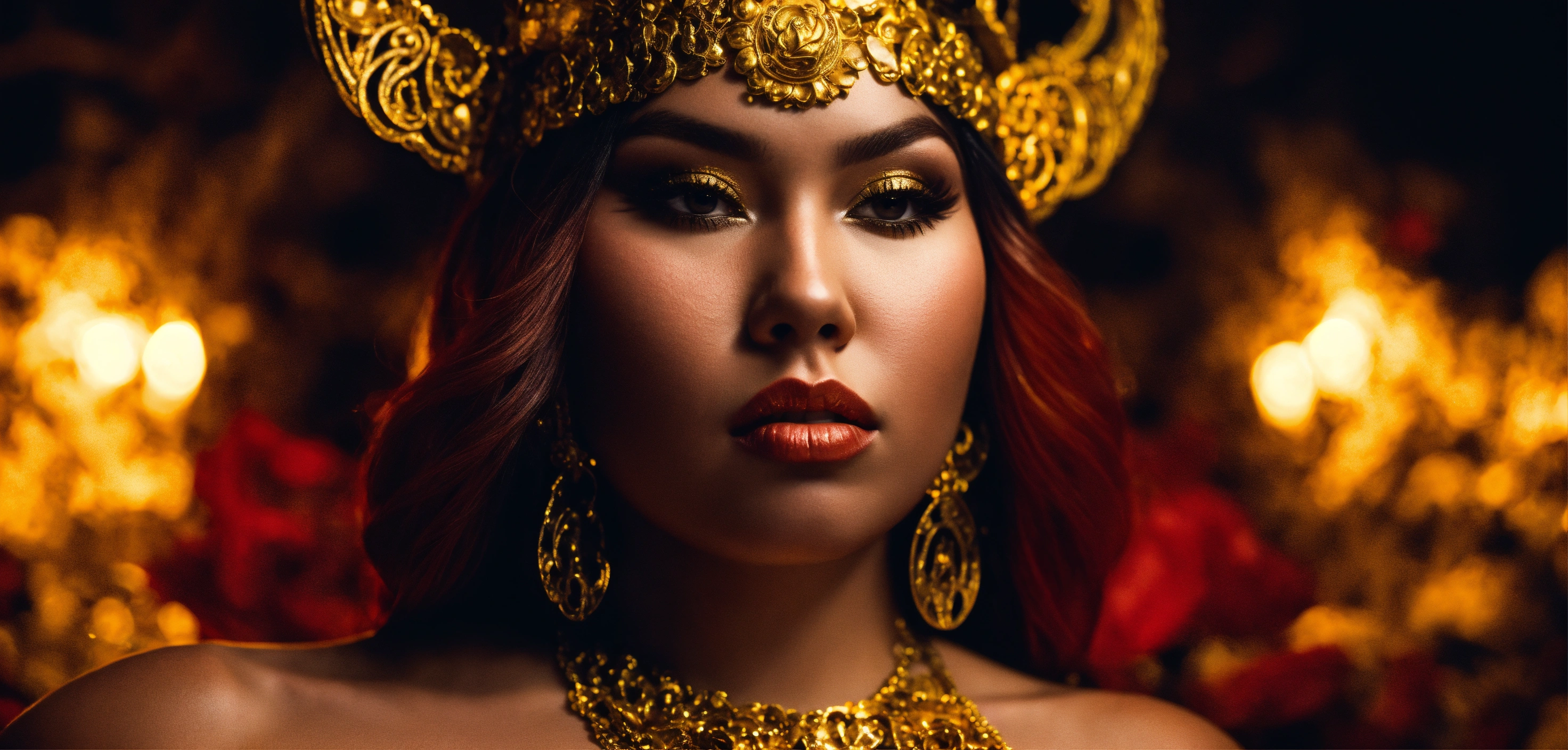 Lexica - An inscrutable plus-size model hell goddess, black gold ...