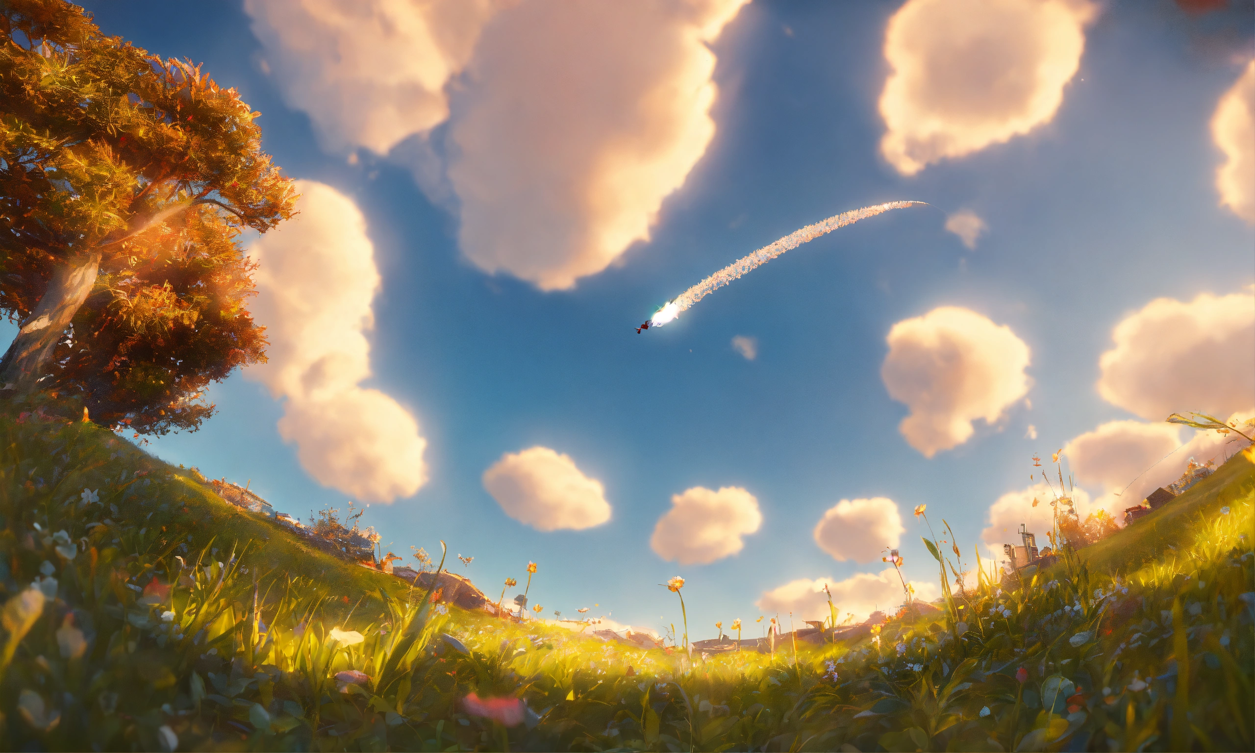 Lexica - Beautiful clear blue sky, cloud, pixar, worm's-eye view, 4k