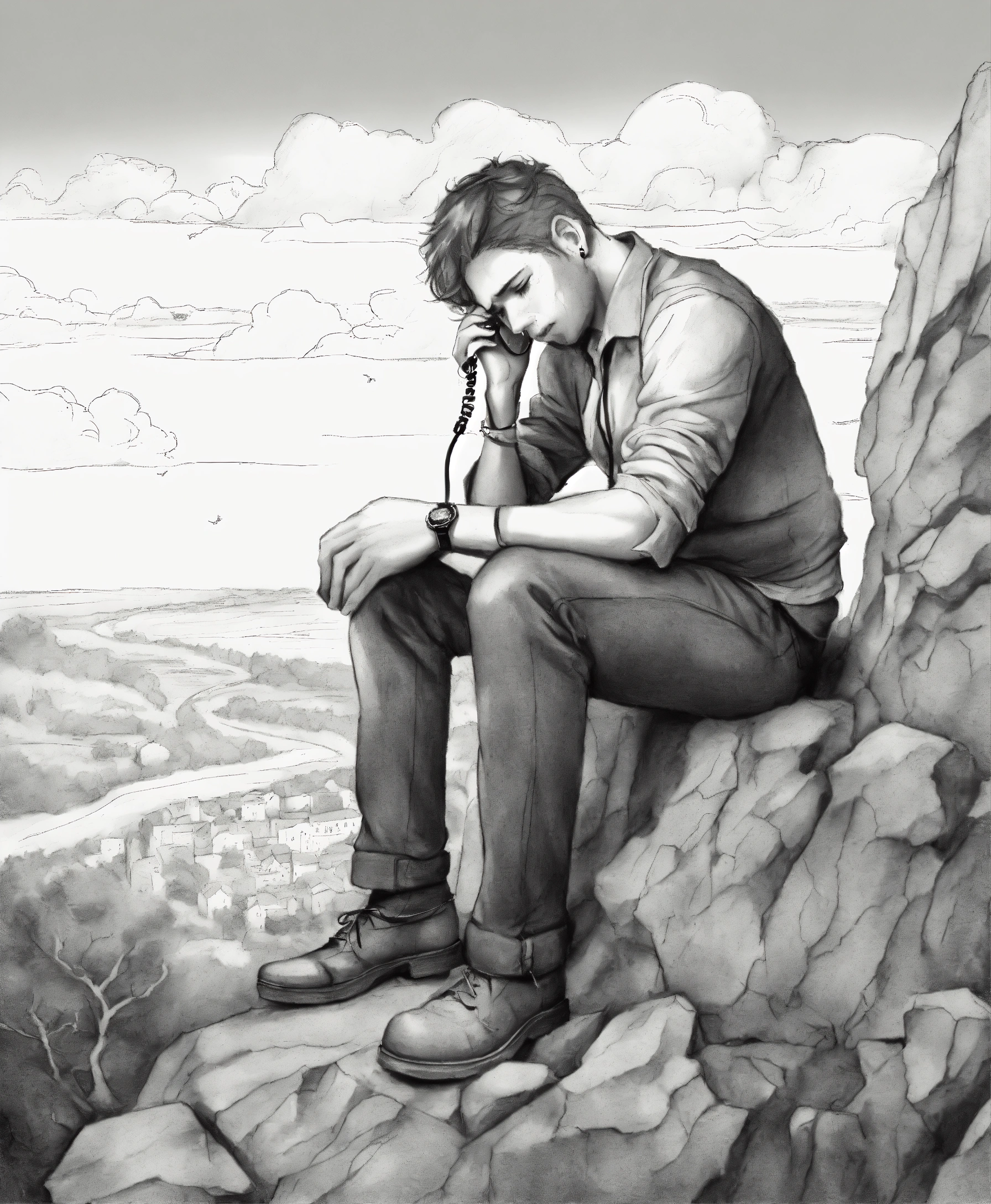 Lexica - A broken heart personified calling on the phone from a cliff ...