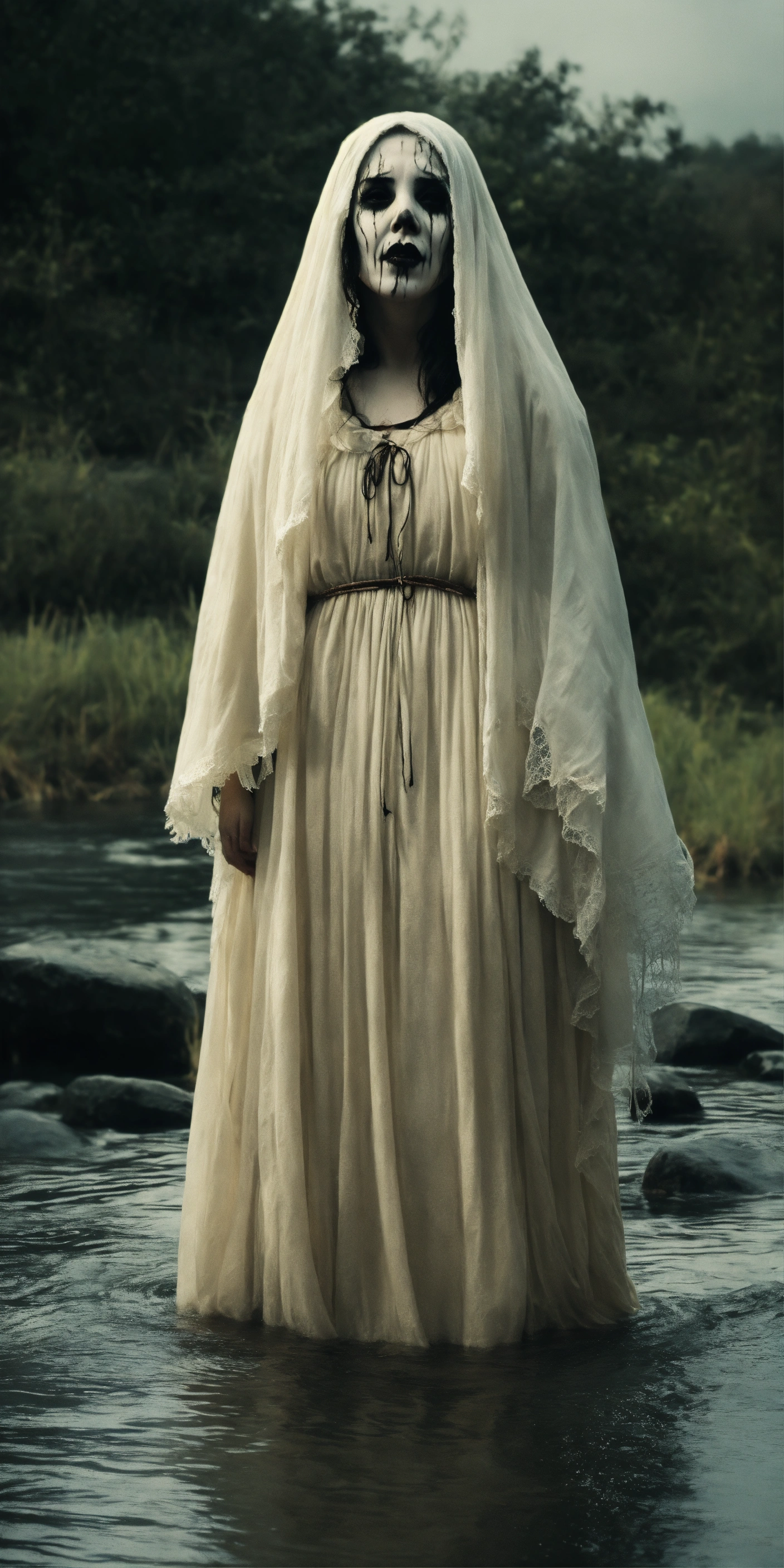 Lexica - A terrifying ghost, La Llorona, with her head in a river ...
