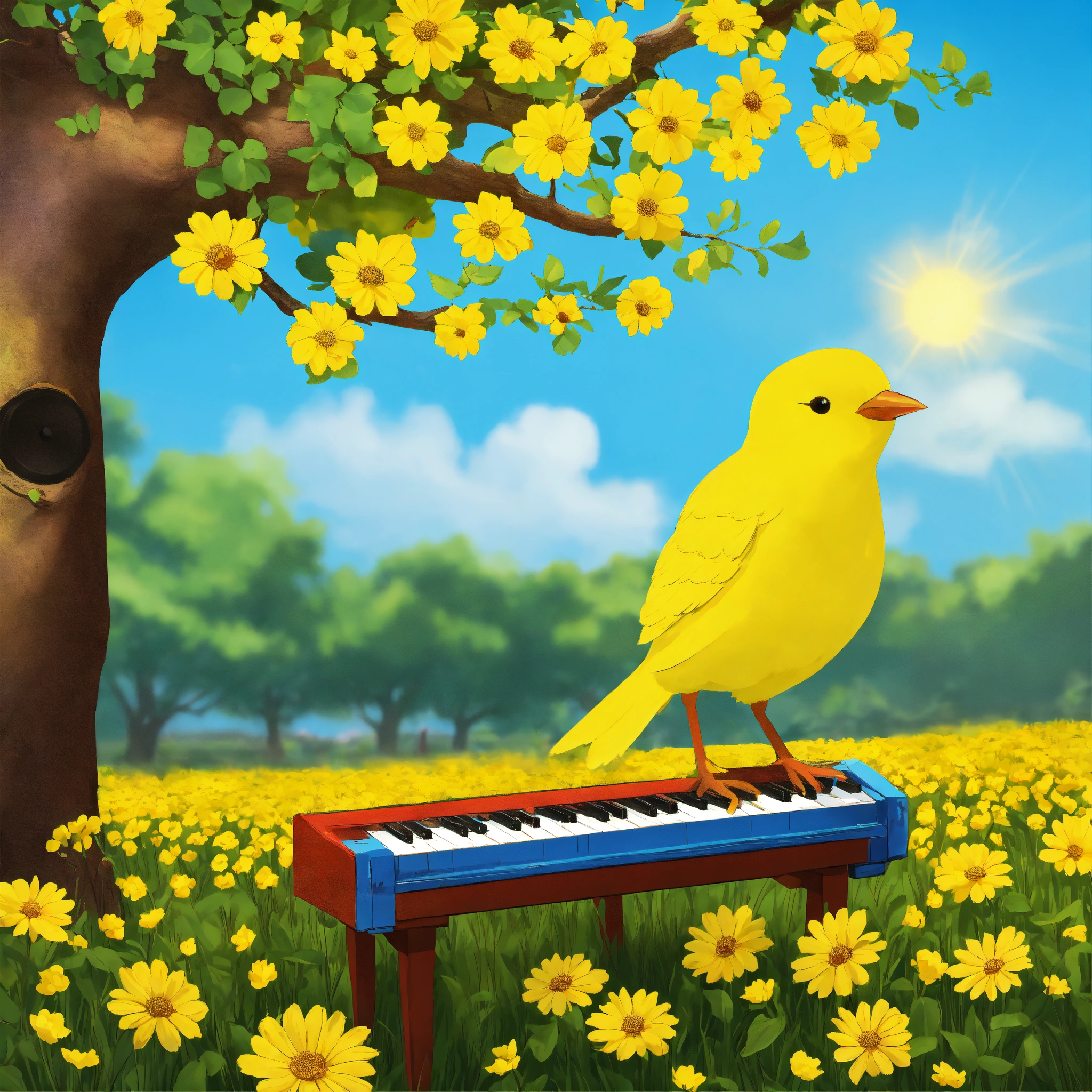 Lexica - Sunny the yellow bird that loves music, create a meadow of ...