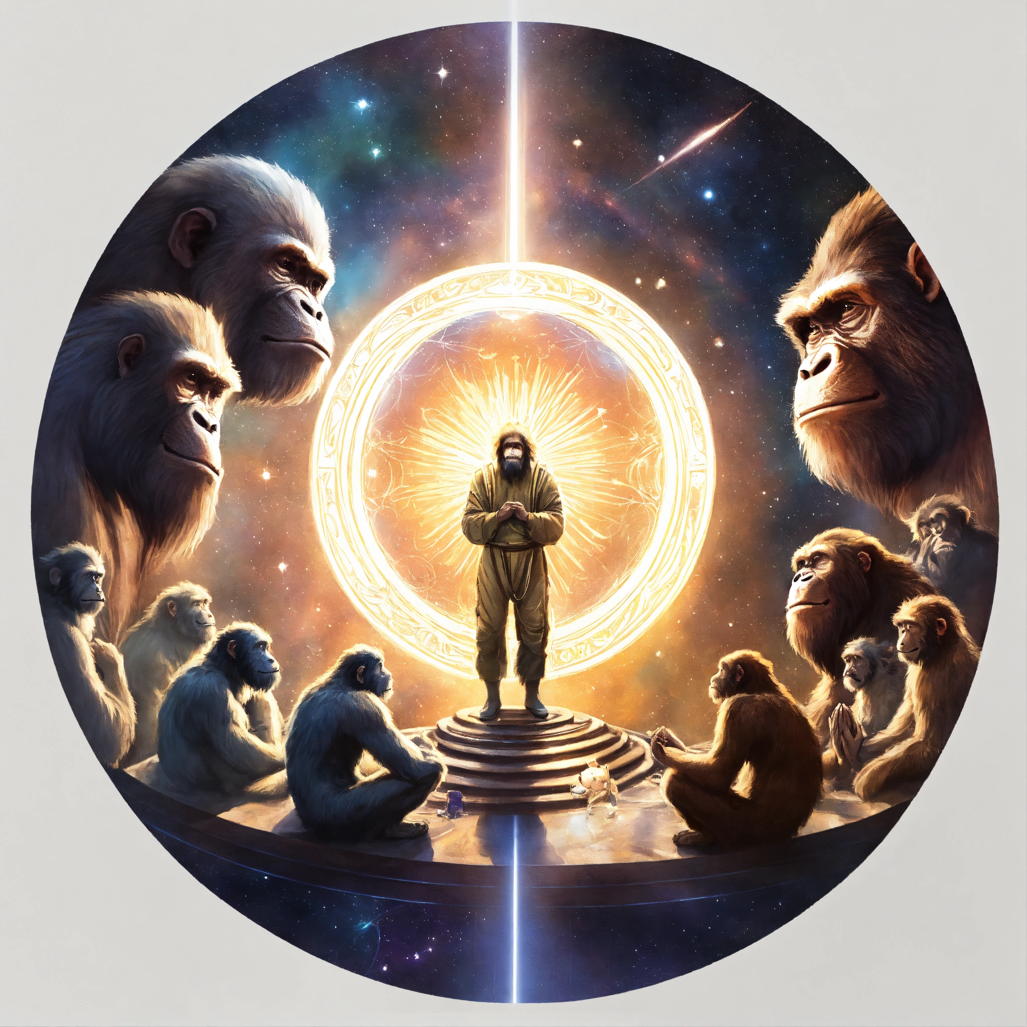 Lexica - Apes praying to a human god in space, in circle image ...