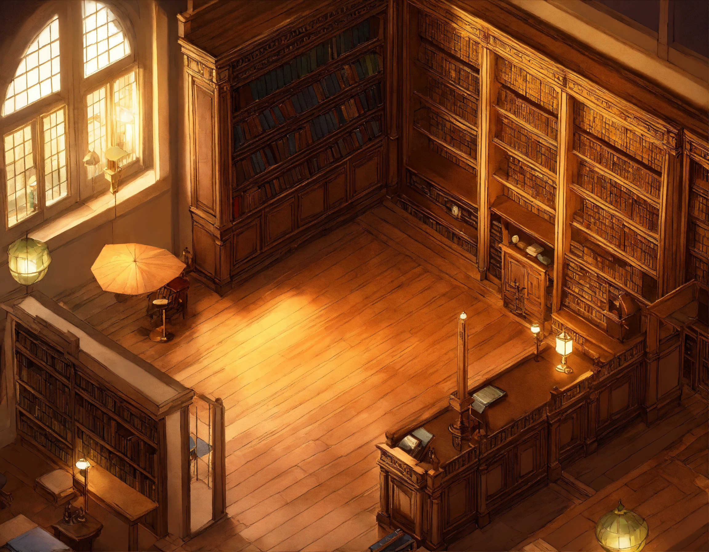 Lexica - Archaic library interior, orthographic, isometric