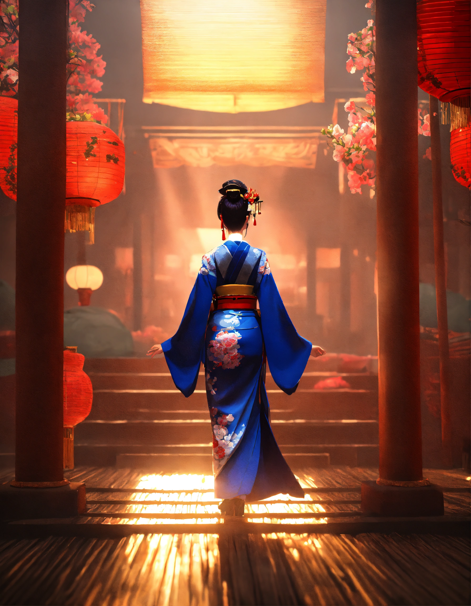 Lexica - Peculiar environment with god rays, geisha dancer, 8K ...