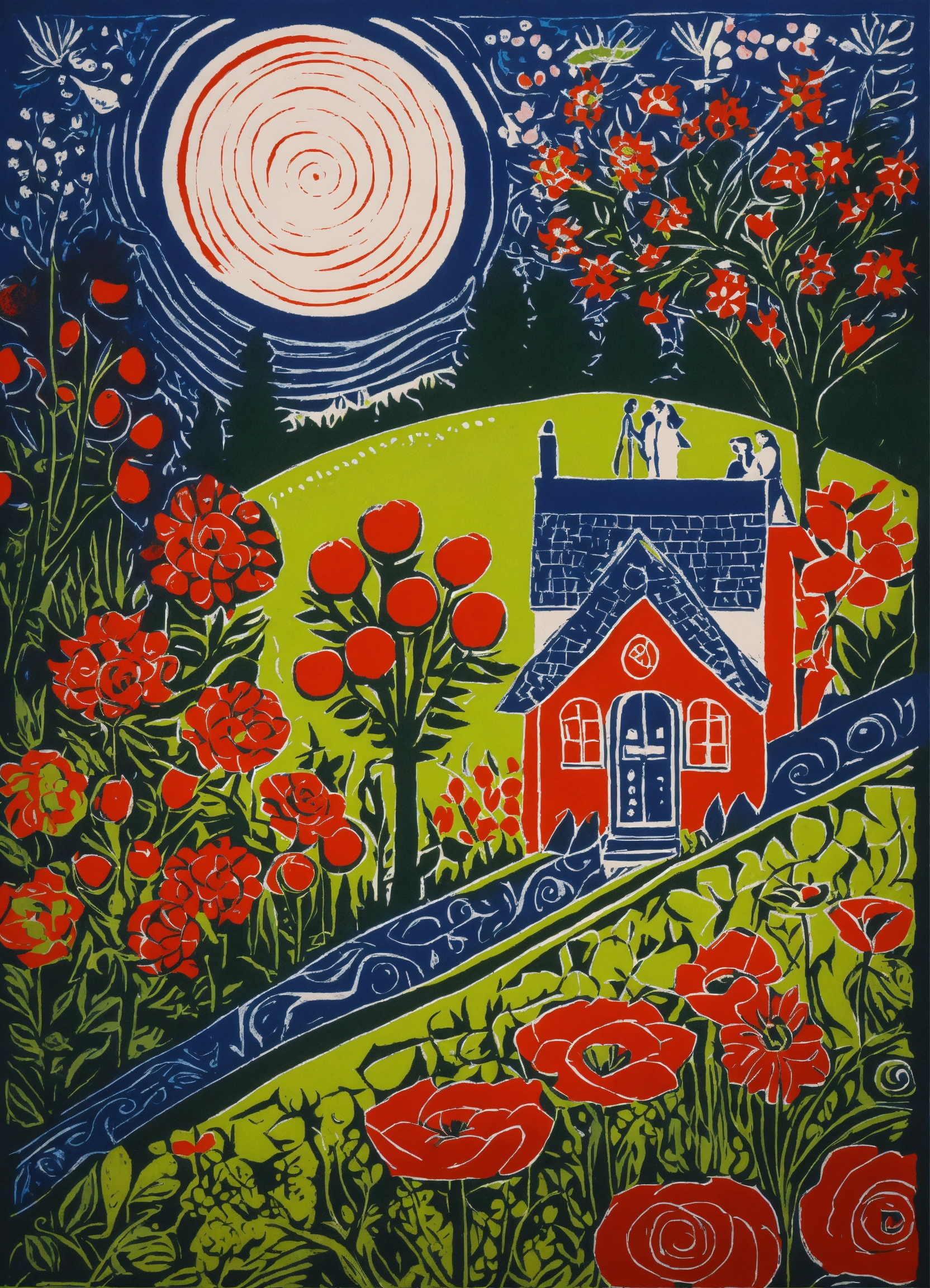 Lexica - Linocut, folk art style inspired by marc chagall