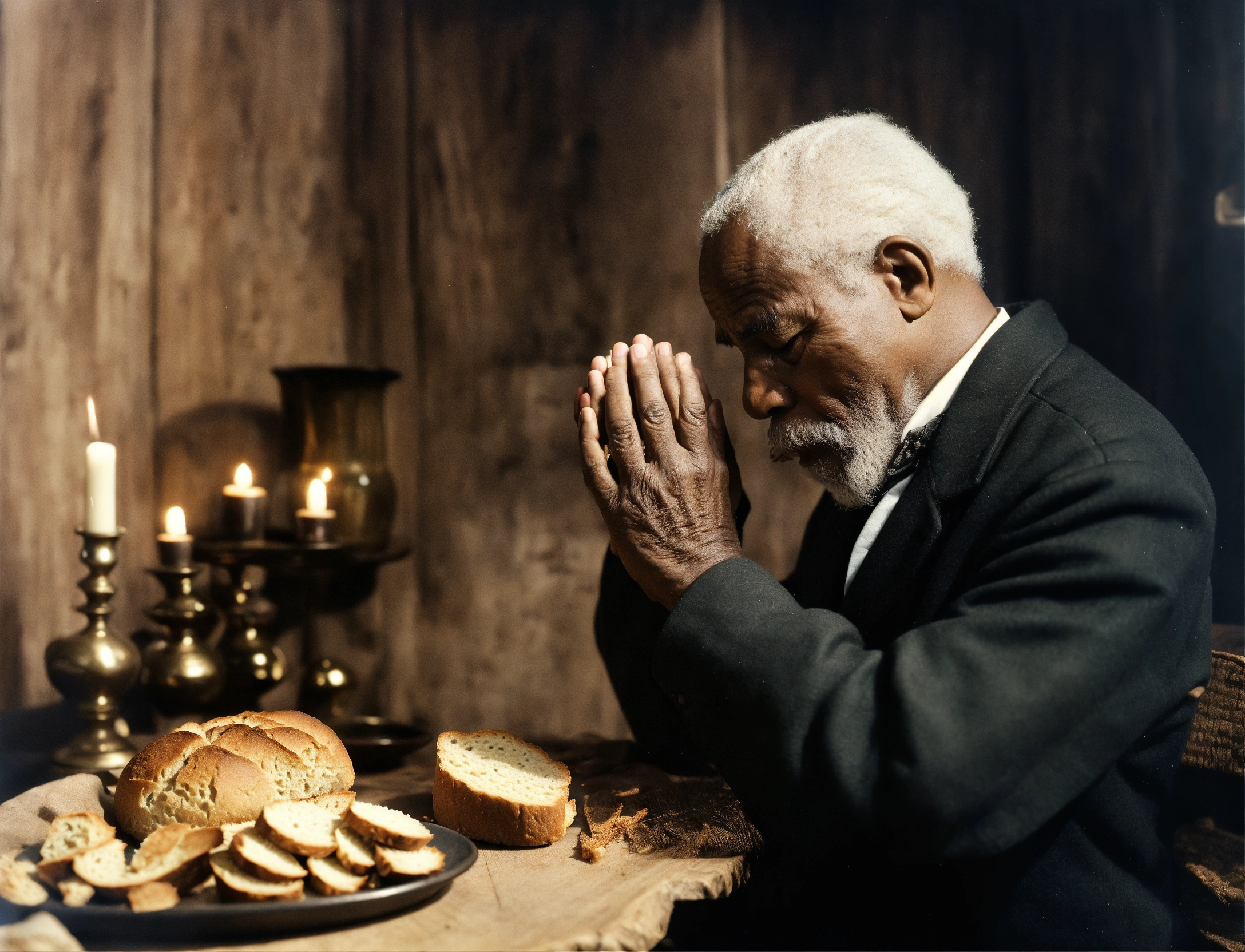 Lexica - Old African-American man praying with bread on the table. 1910s